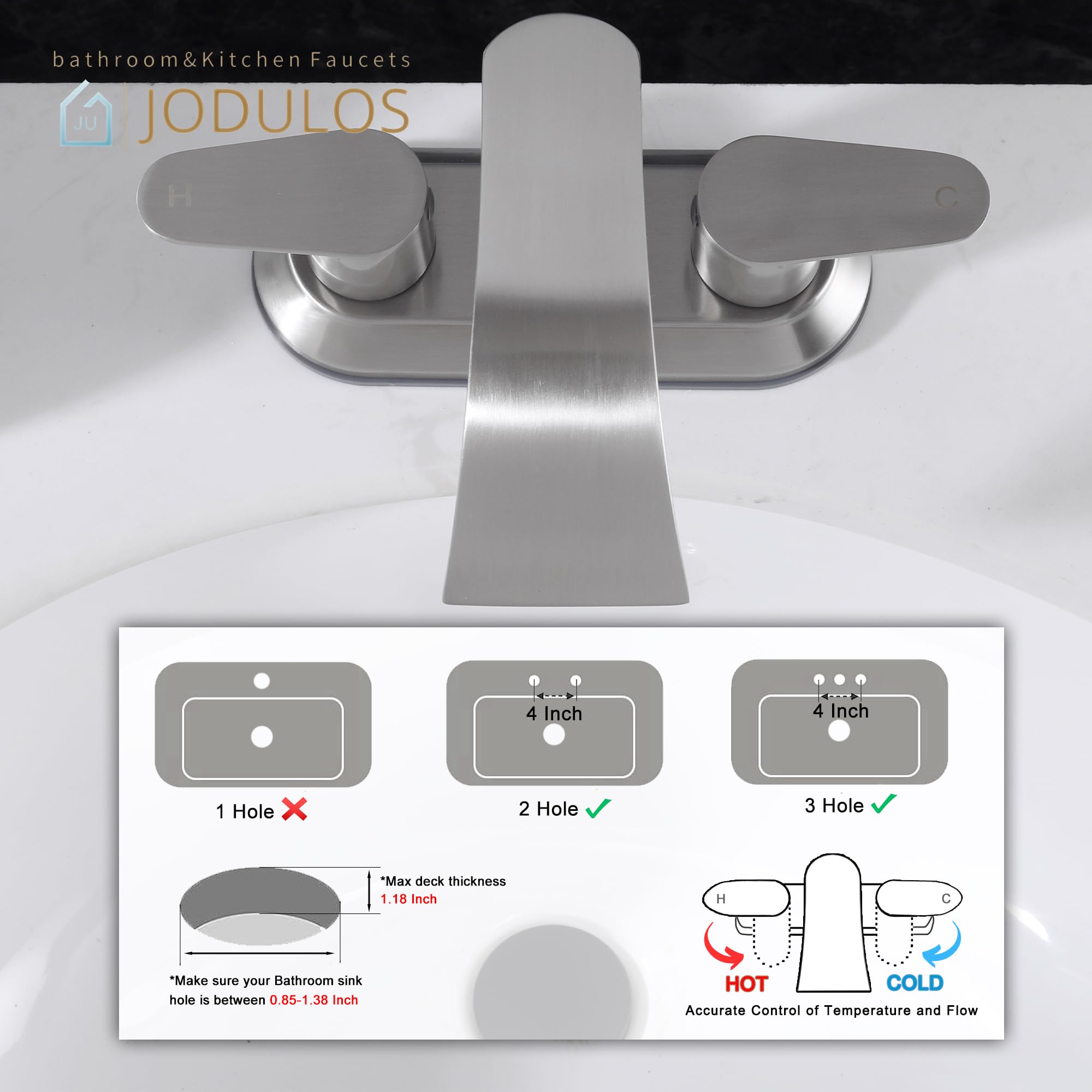 Jodulos 4 inch Centerset 3 Hole Bathroom Faucets Brushed Nickel, Center Set Faucet with cUPC Supply Lines, 2 Handle Waterfall Bathroom Sink Faucet with Pop Up Drain Stopper JU-DE-201-BN