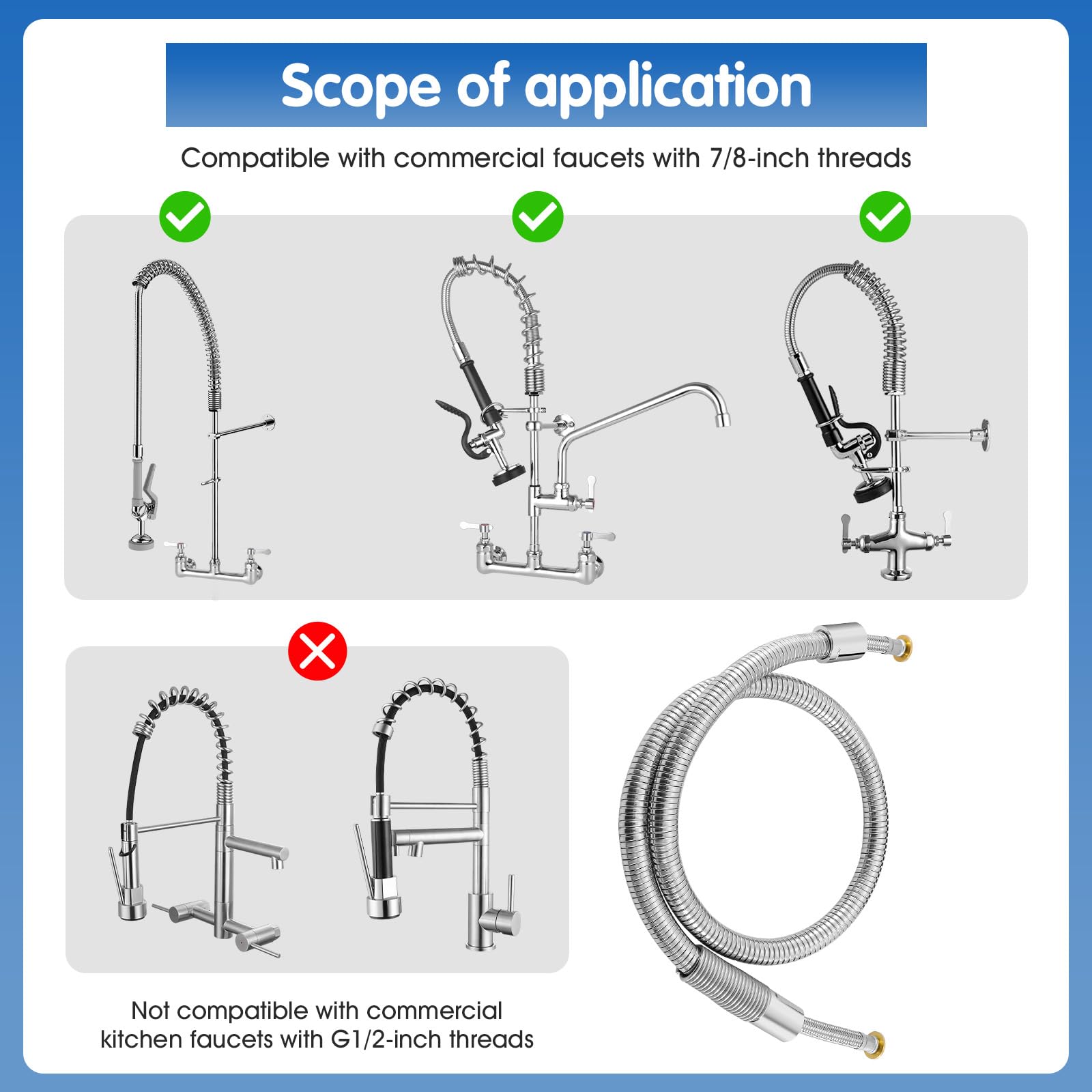 44” Length Commercial Sink Sprayer Hose, Pre-rinse Hose for Commercial Kitchen Sink Faucets Stainless Steel Hose Replacement Kit