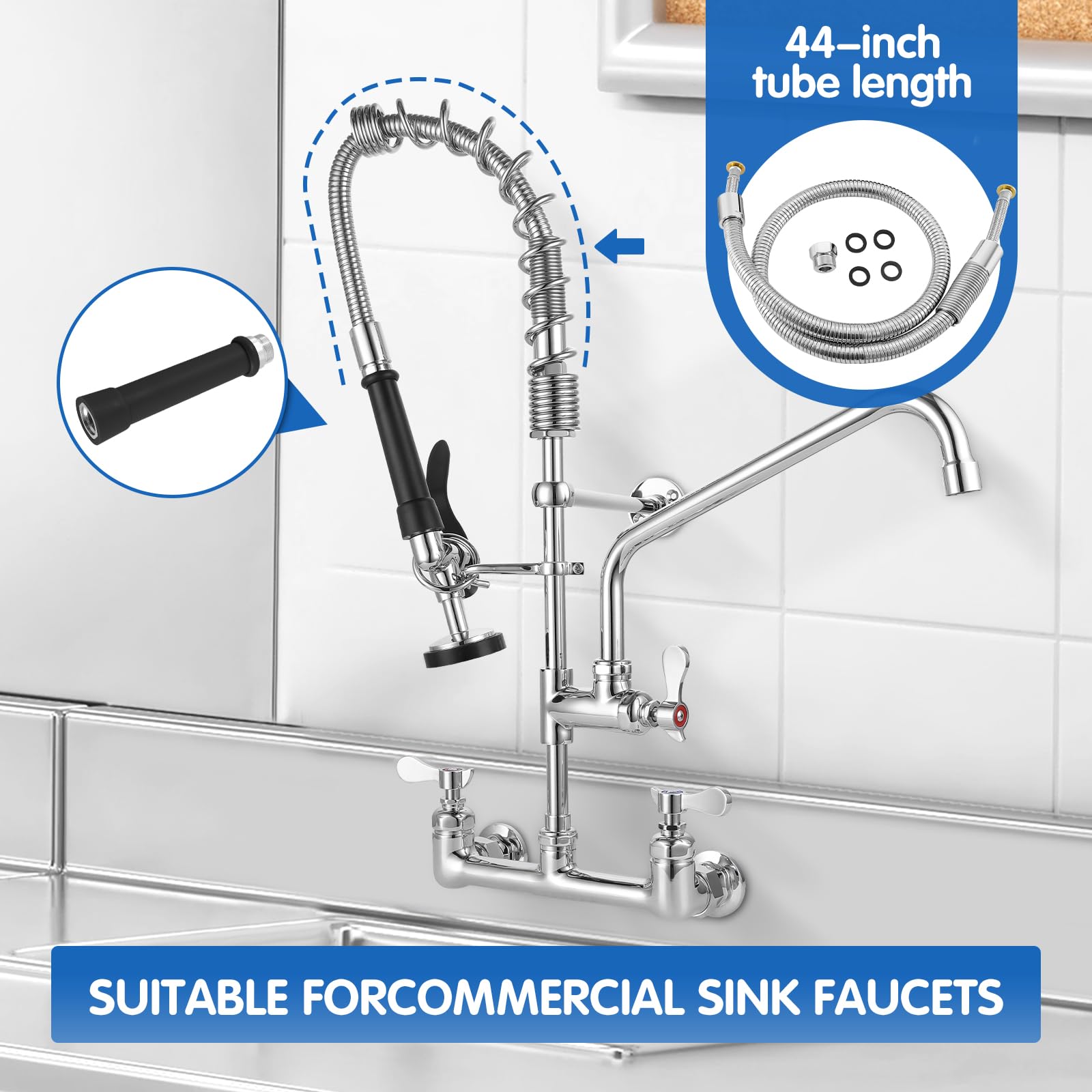 44” Stainless-Steel Pre Rinse Hose with Heat Resistant Black Handle for Commercial Kitchen Sink Faucet Dish Washing Sprayer Hose Replacement Kit