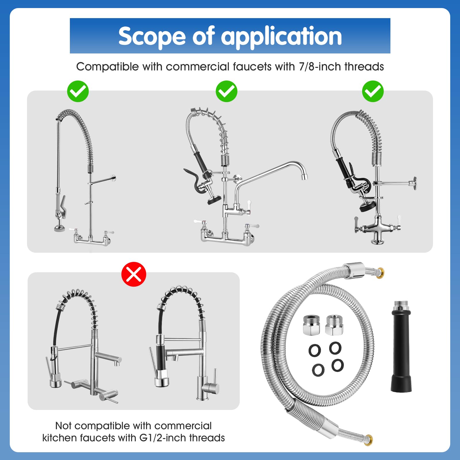 44” Stainless-Steel Pre Rinse Hose with Heat Resistant Black Handle for Commercial Kitchen Sink Faucet Dish Washing Sprayer Hose Replacement Kit