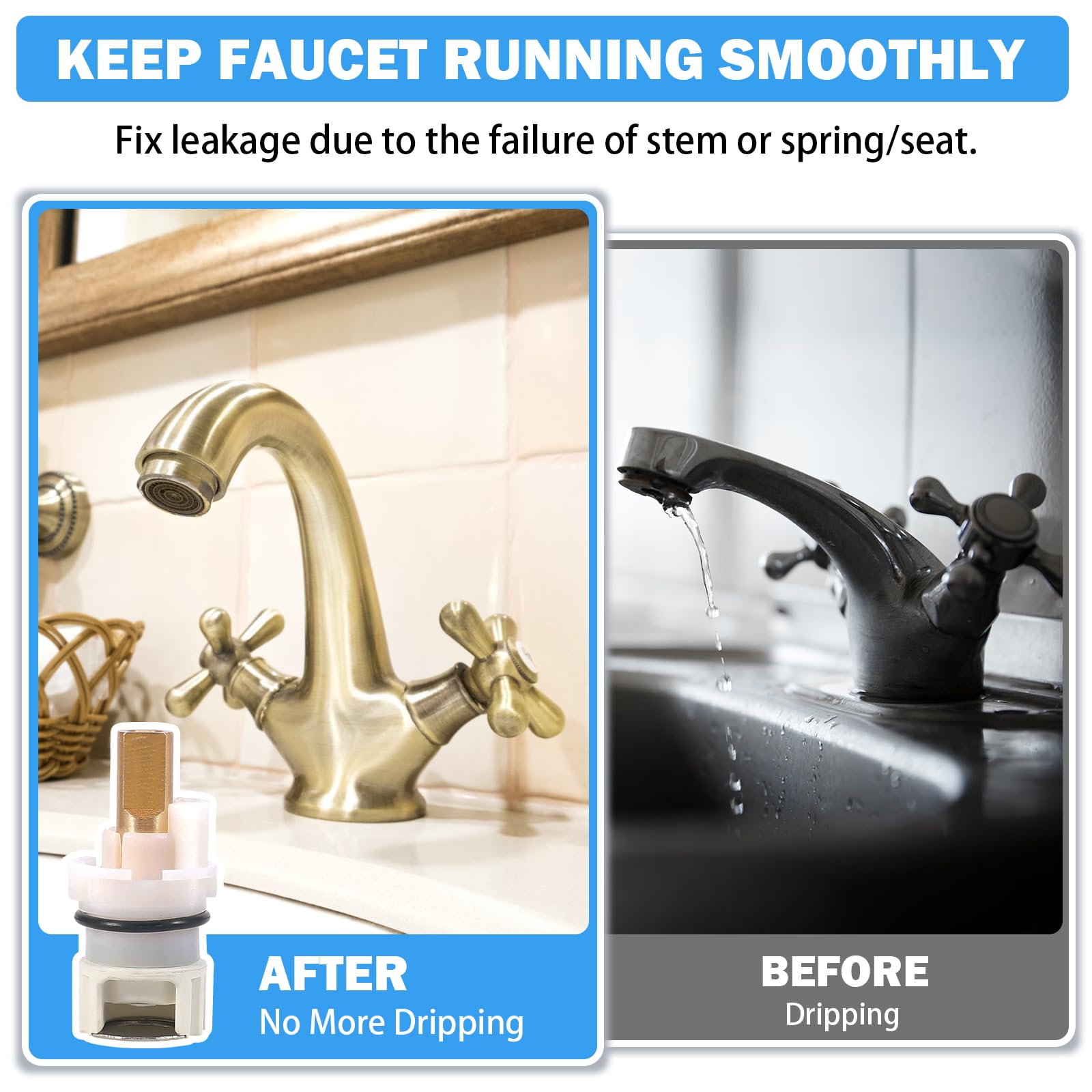 RP25513 Faucet Stem Assembly Compatible with Delta Two Handle Faucet Repair Kit with RP4993 Rubber Seat and Spring, Replacement Stems Cartridges for Delta Bathtub Shower Sink Bathroom Faucet, 2-PACK