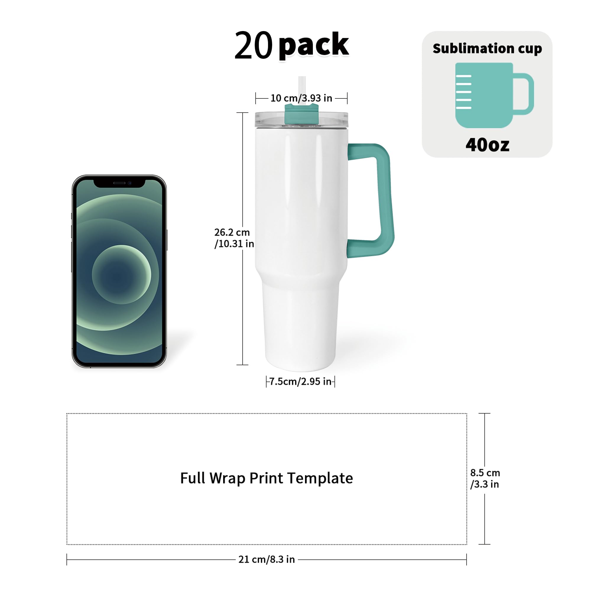Icesip 40 oz Sublimation Tumblers 20 Pack with 5 Color Handle Lid and Straw Stainless Steel Double Wall Vacuum Insulated Travel Mug Cup Bulk Sublimation Blank for DIY Gift