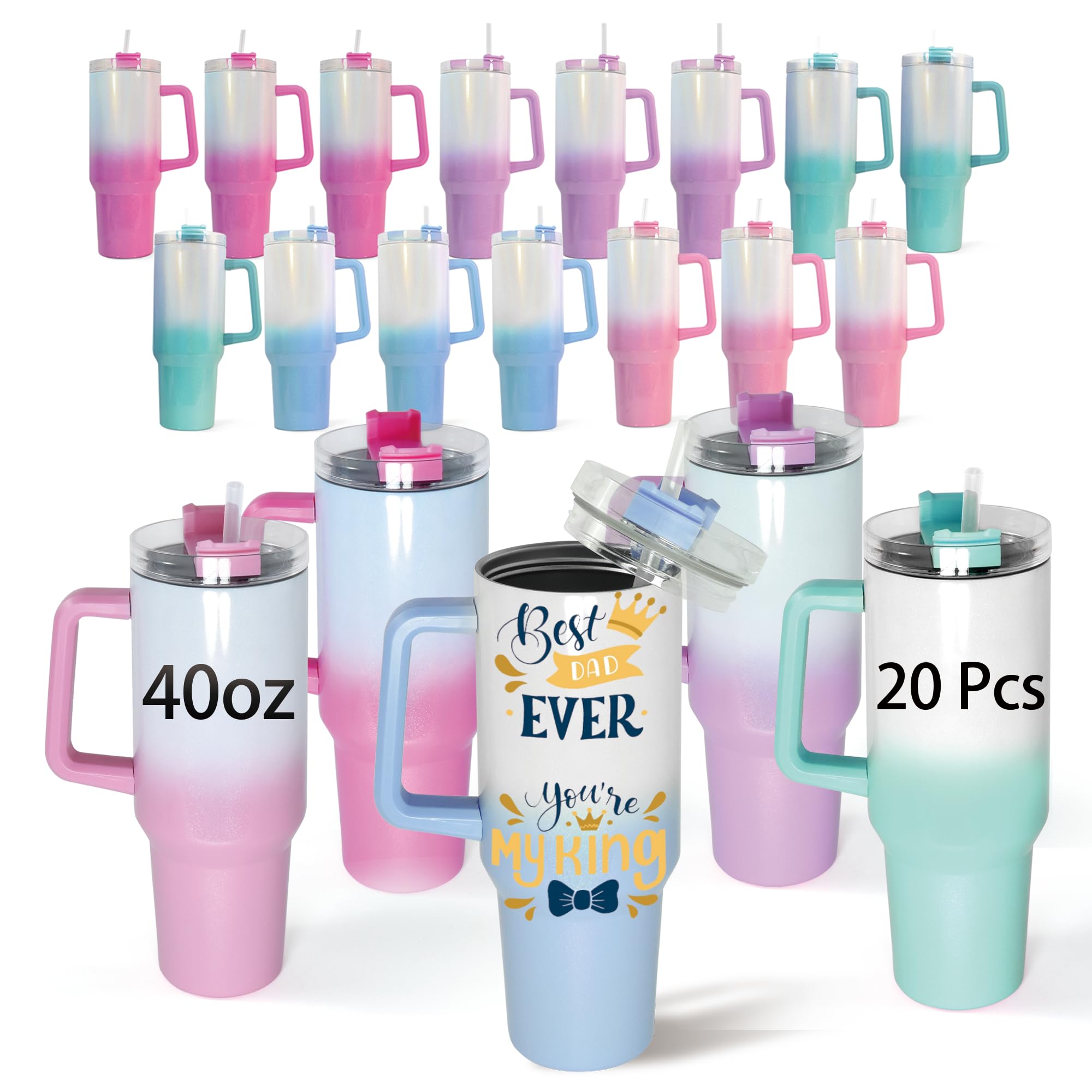 Icesip 40 oz Sublimation Tumbler with Handle Lid and Straw 20 Pack Gradient Glitter Stainless Steel Double Wall Vacuum Insulated Bulk Sublimation Blank Mixed Colors