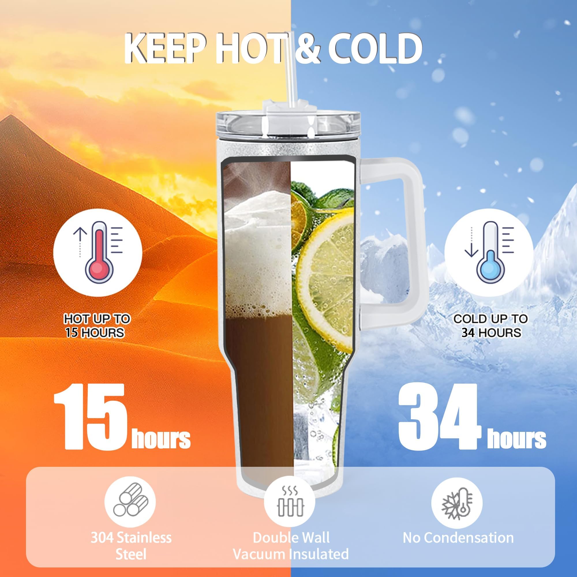 Icesip 40 oz Sublimation Glitter Tumblers 40 Pack with Handle Lid Stainless Steel Insulated Tumblers Blanks Insulated Double Wall Vacuum Reusable Cups for DIY