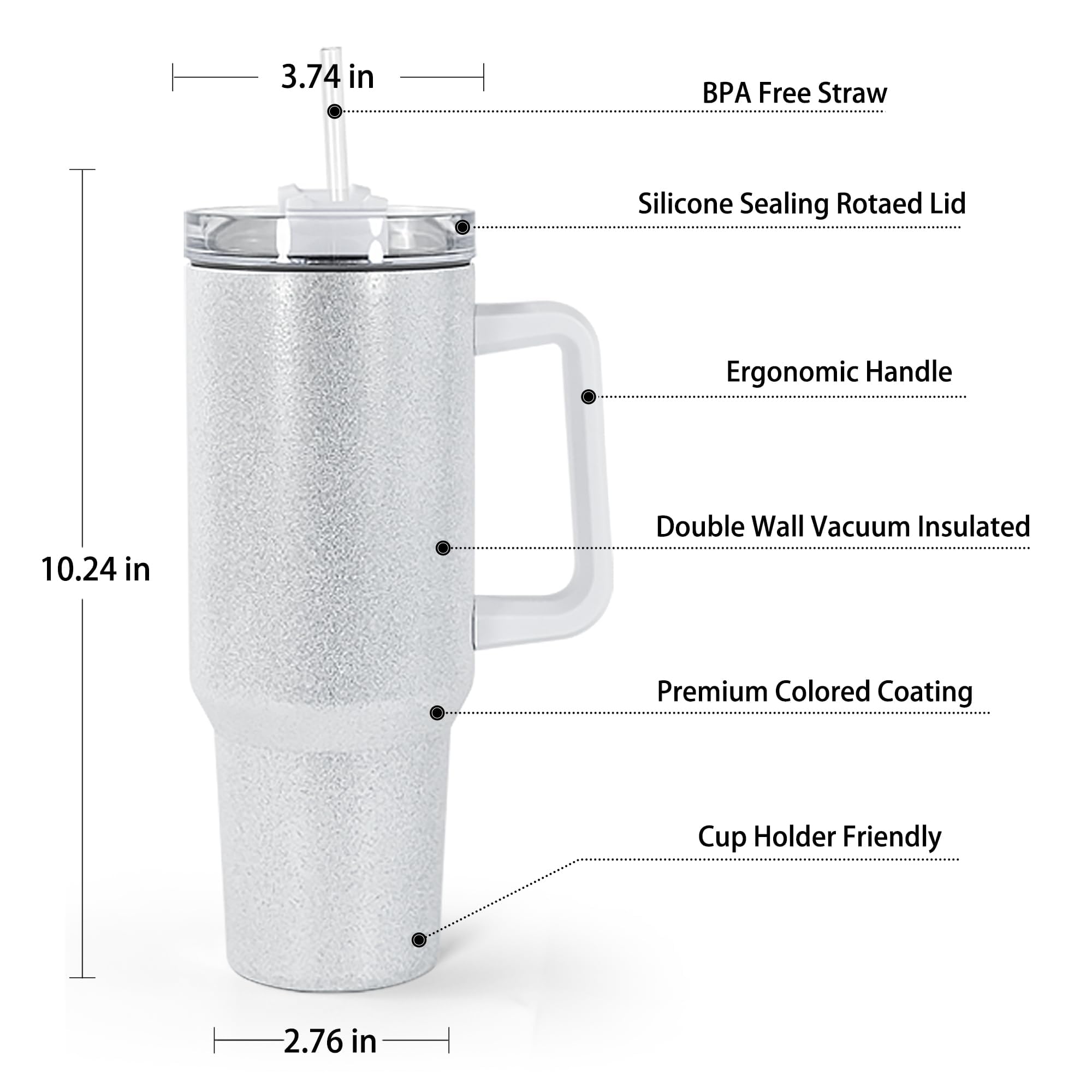 Icesip 40 oz Sublimation Glitter Tumblers 40 Pack with Handle Lid Stainless Steel Insulated Tumblers Blanks Insulated Double Wall Vacuum Reusable Cups for DIY