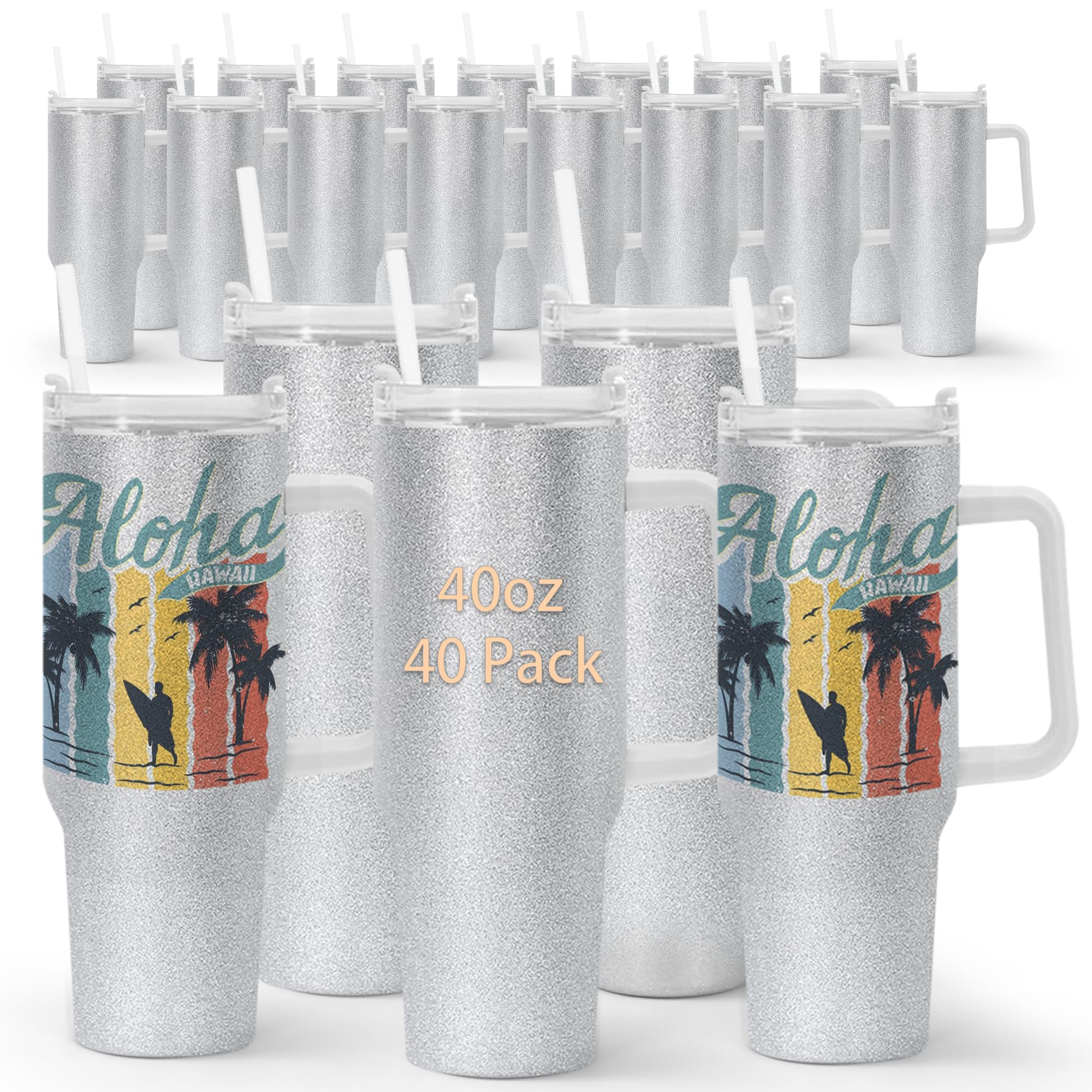 Icesip 40 oz Sublimation Glitter Tumblers 40 Pack with Handle Lid Stainless Steel Insulated Tumblers Blanks Insulated Double Wall Vacuum Reusable Cups for DIY