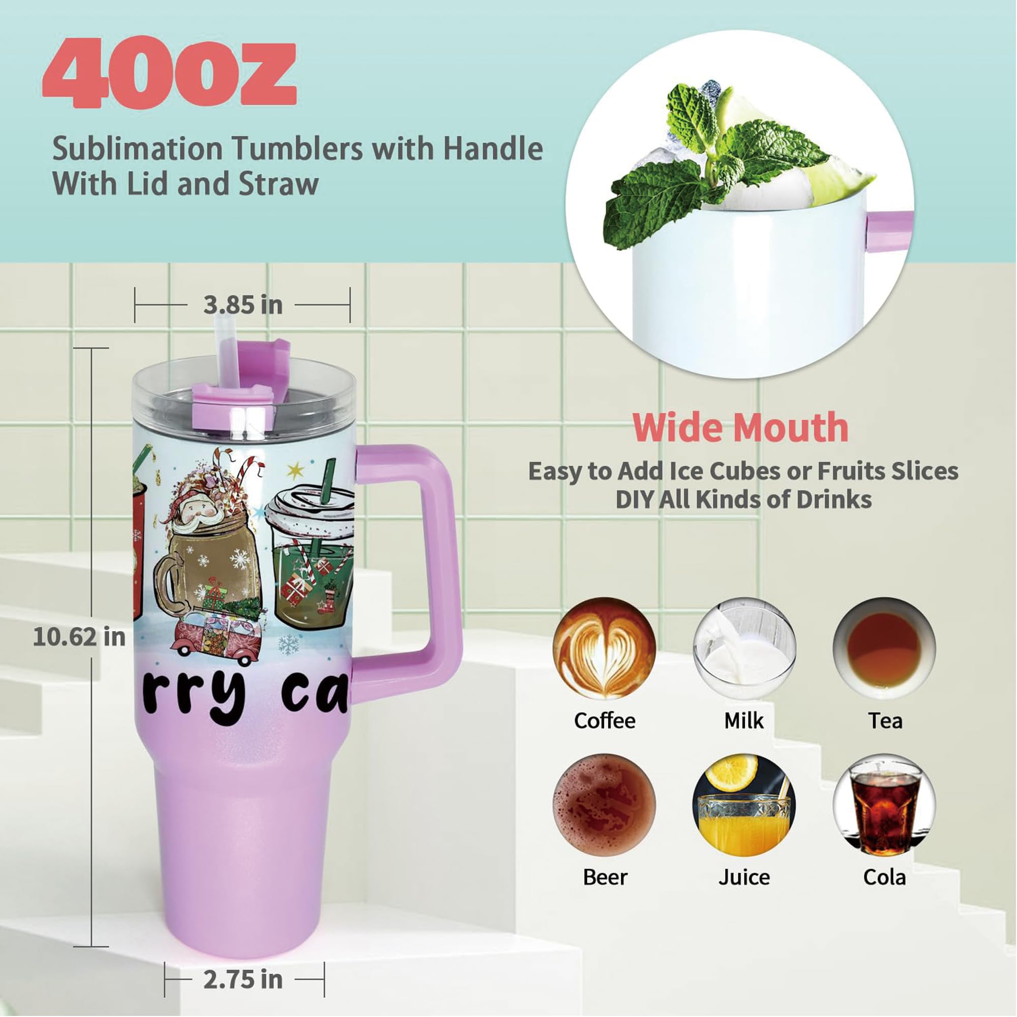 Icesip 40 oz Sublimation Tumbler 40 Pack with Handle Lid and Straw Gradient Glitter Stainless Steel Double Wall Vacuum Insulated Bulk Sublimation Blank Mixed Colors