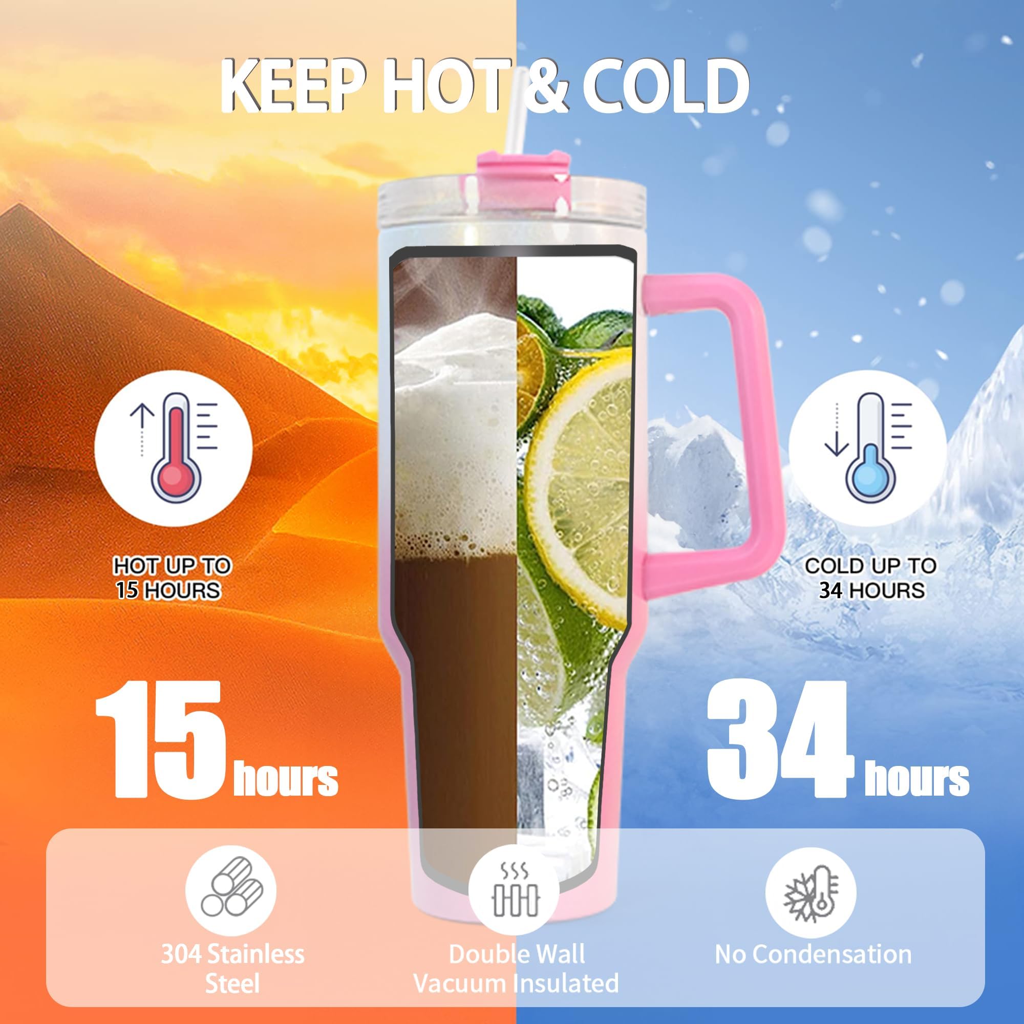 Icesip 40 oz Sublimation Tumbler 40 Pack with Handle Lid and Straw Gradient Glitter Stainless Steel Double Wall Vacuum Insulated Bulk Sublimation Blank Mixed Colors