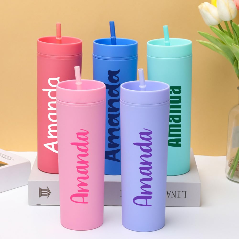 Personalized Tumbler with Same Lid and Straw, 20 Colors - 16 oz Skinny BPA Free Tumblers, Customized Tumbler with Name, Bridesmaid Gifts, Wedding Gifts, Birthday Gifts for Women Girls