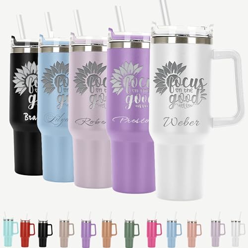 LifGif Sunflower Personalized Tumbler 40 oz Laser Engraved, Insulated Cup with Handle, Lid and Straw, Focus on the Good Stainless Steel Large Vacuum Insulated, Custom Gift for Birthday, women, mom