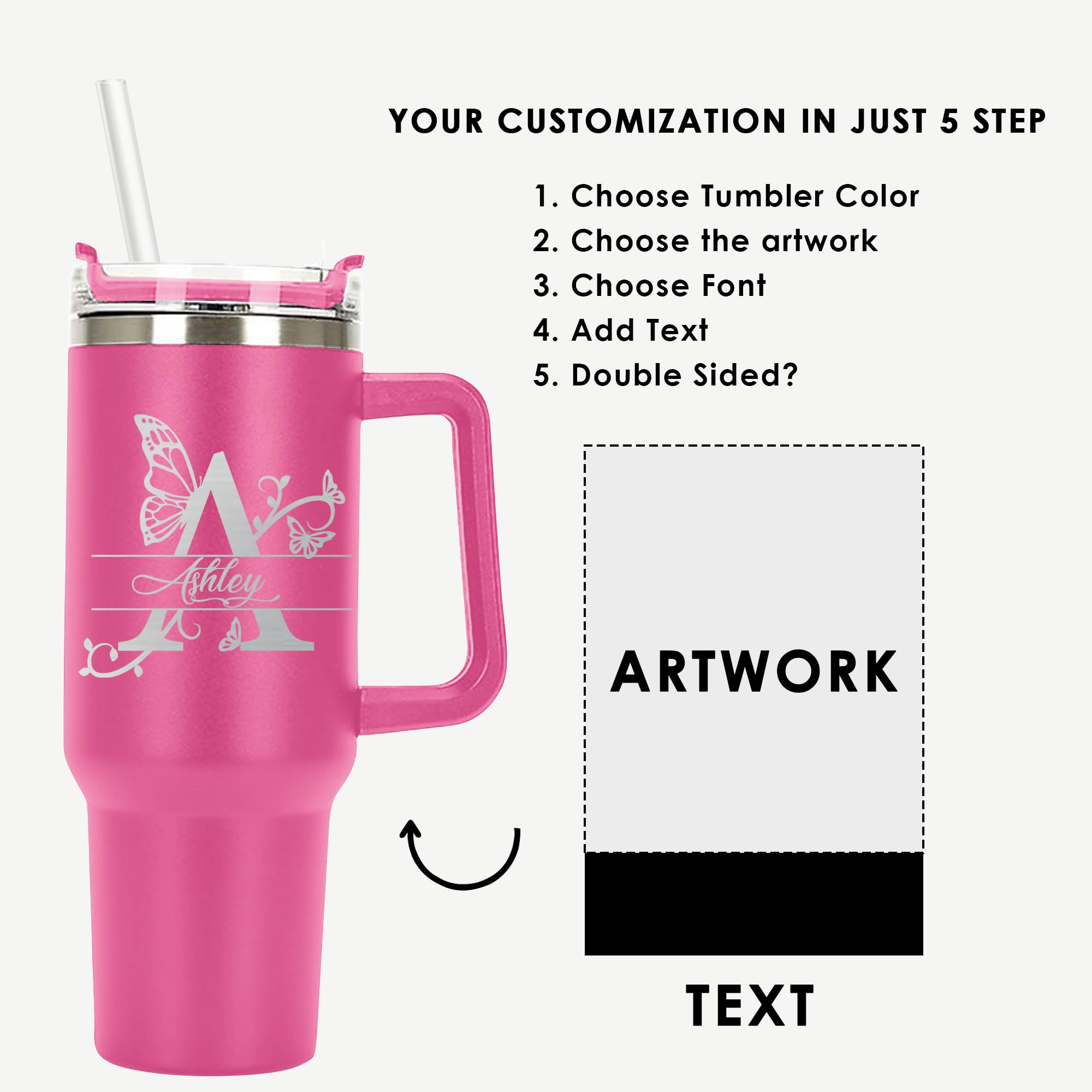 LifGif Butterfly Initial Split Monogram Personalized Tumbler 40 oz Laser Engraved, Insulated Cup with Handle, Lid and Straw, Gifts for Women, Personalized Valentines Day Birthday Gifts for Her