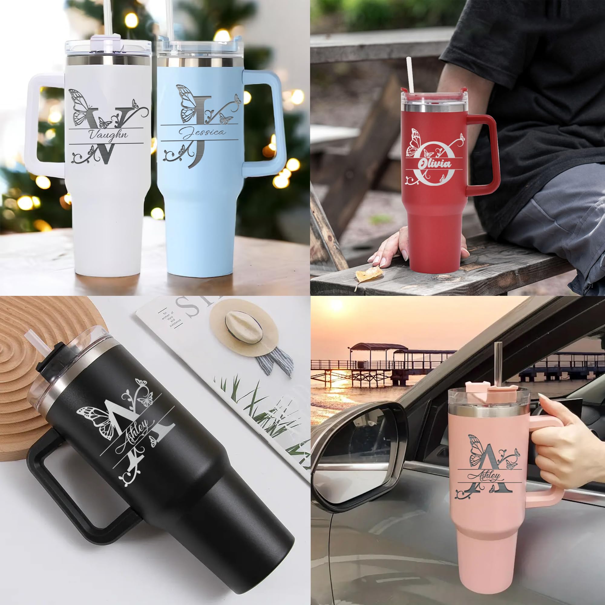 LifGif Butterfly Initial Split Monogram Personalized Tumbler 40 oz Laser Engraved, Insulated Cup with Handle, Lid and Straw, Gifts for Women, Personalized Valentines Day Birthday Gifts for Her
