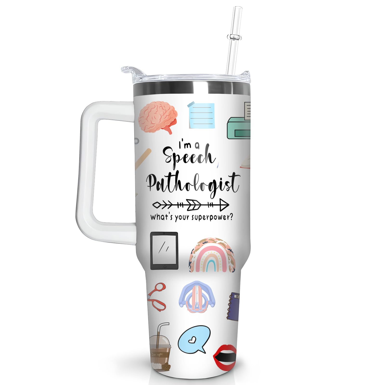 qoepfnsh Speech Therapy Tumbler with Handle SLP Travel Coffee Mug Cups Speech Language Pathology Tumblers with Lid and Straw Stainless Steel Insulated Speech Pathologist Therapist Gifts for Women