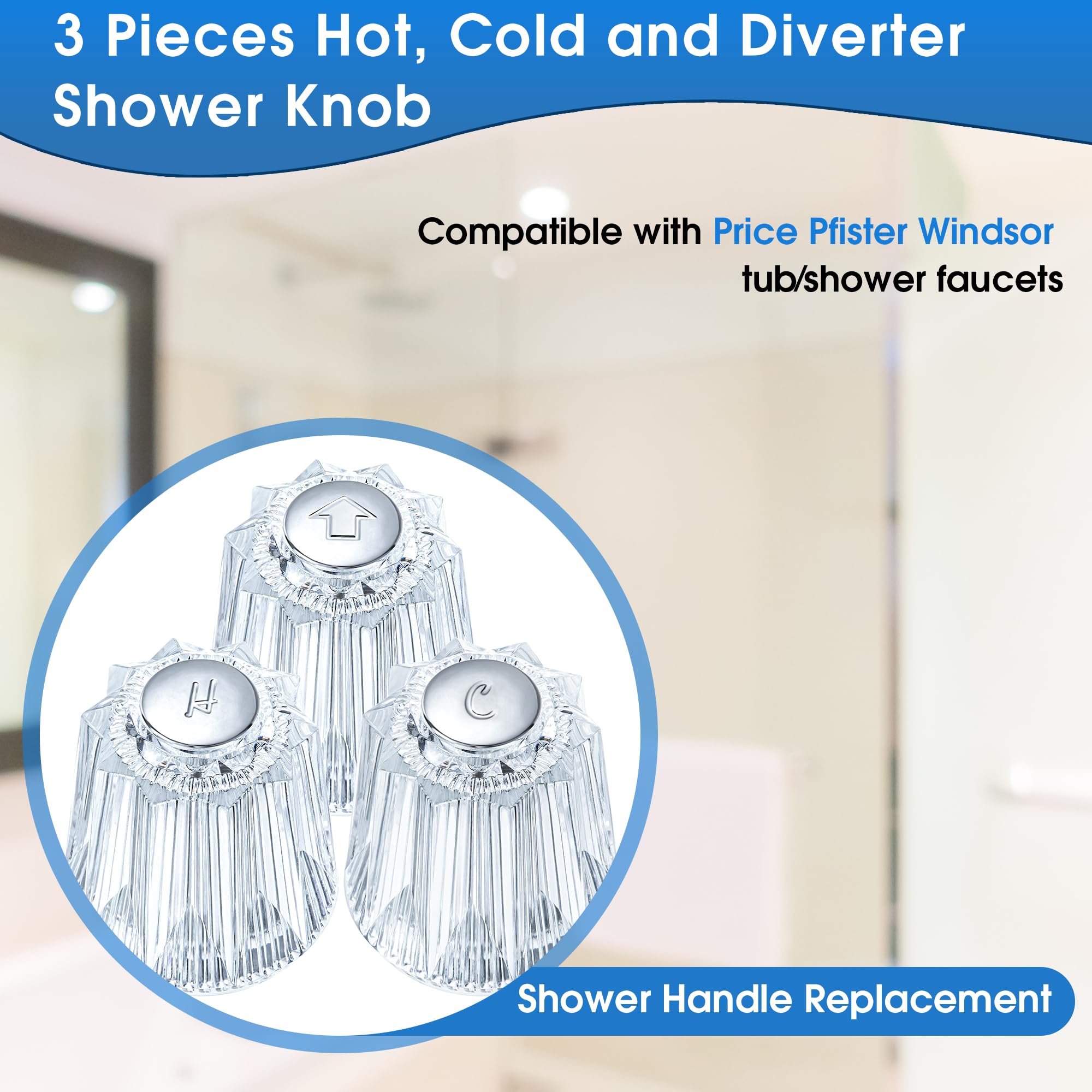 Enhon Shower Faucet Handle Replacement, Compatible with Price Pfister Windsor Tub and Shower Faucets, 3 Pieces Hot Cold and Diverter Shower Knob Replacement, Clear Acrylic