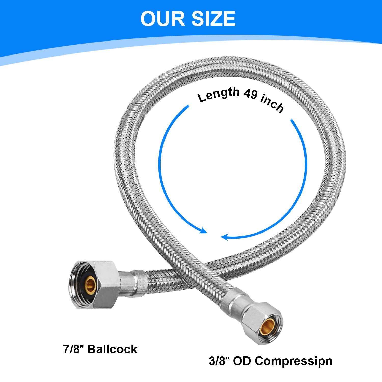 Universal Flexible Toilet Connector, 49-Inch x 3/8" Comp x 7/8" BC, Premium Braided Stainless Steel Toilet Water Supply Connector Line with Anti-Leaking Brass Nut