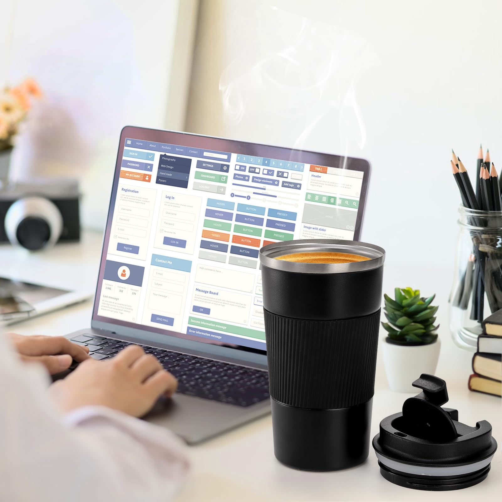 Bekith 2 Pack Travel Coffee Mug, 17oz Insulated Coffee Mug with Leakproof Lid, Double Walled Vacuum Stainless Steel Reusable Coffee Cup Tumbler for Hot and Iced Coffee Tea Water (Black, White)