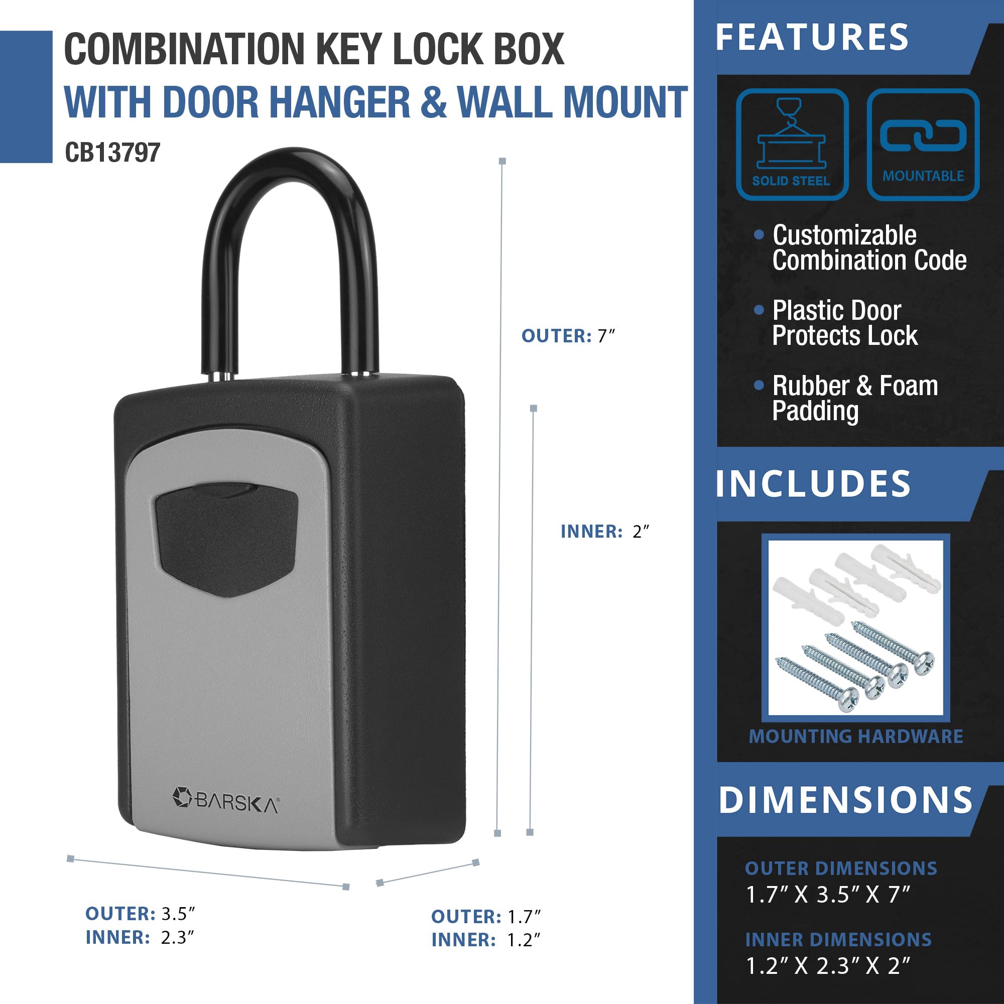 Barska Security Key Safe Lock Box with Combination Lock with Door Hanger & Wall Mount for Realtor, House Keys, Outdoor, Hidden Key Storage
