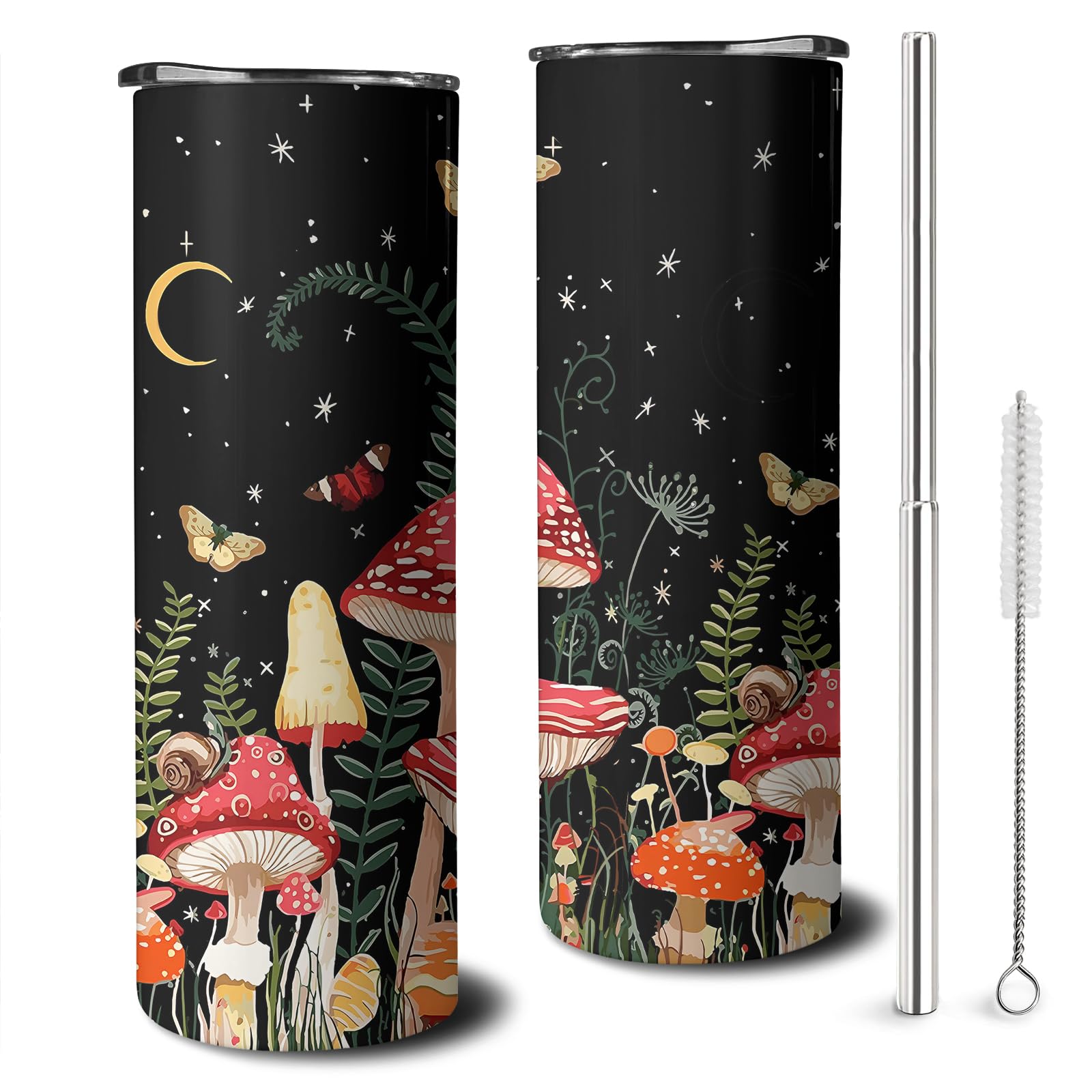 thmasamwr Mushroom Skinny Tumbler With Straw and Lid, Stainless Steel 20oz Insulated Coffee Travel Mug, Mushroom Cups for Mushroom Lovers Gifts for Women and Girls