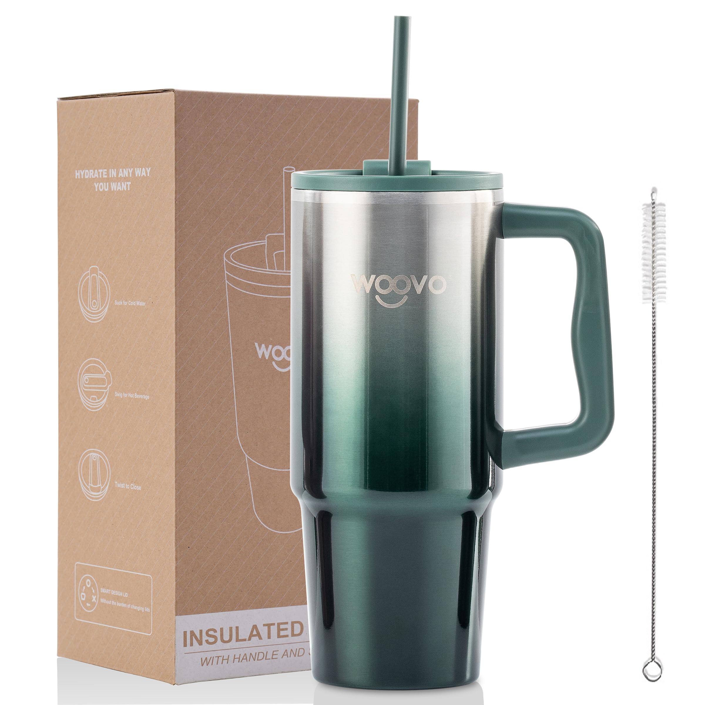 WOOVO 30oz Water Tumbler with Handle, Insulated Mug with Straw and Lid, BPA Free Reusable Double Wall Stainless Steel Water Bottle, Travel Cups Stay Cold, Green