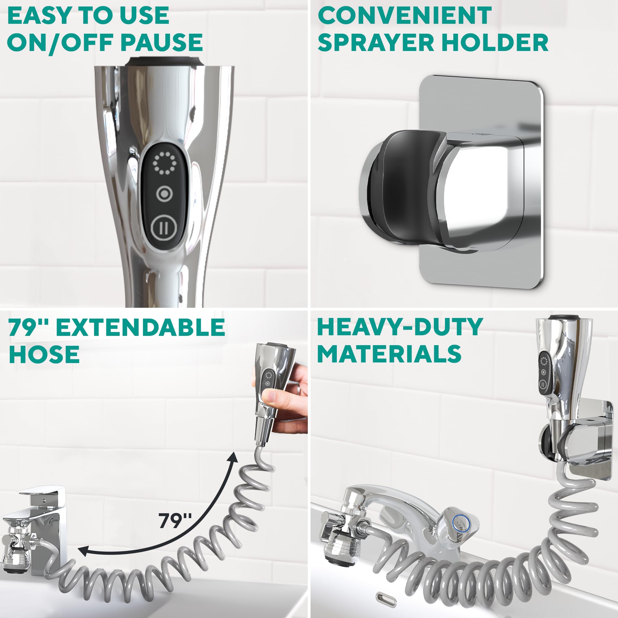 Heavy-Duty Faucet Sprayer Attachment - Leak-Proof Sink Hose Sprayer w/ 5 Adapters & Diverter Valve - 79β Recoil Hose with 2 Spray Modes - Ideal for Kitchen, Tub, Bathroom, Garden, Pets