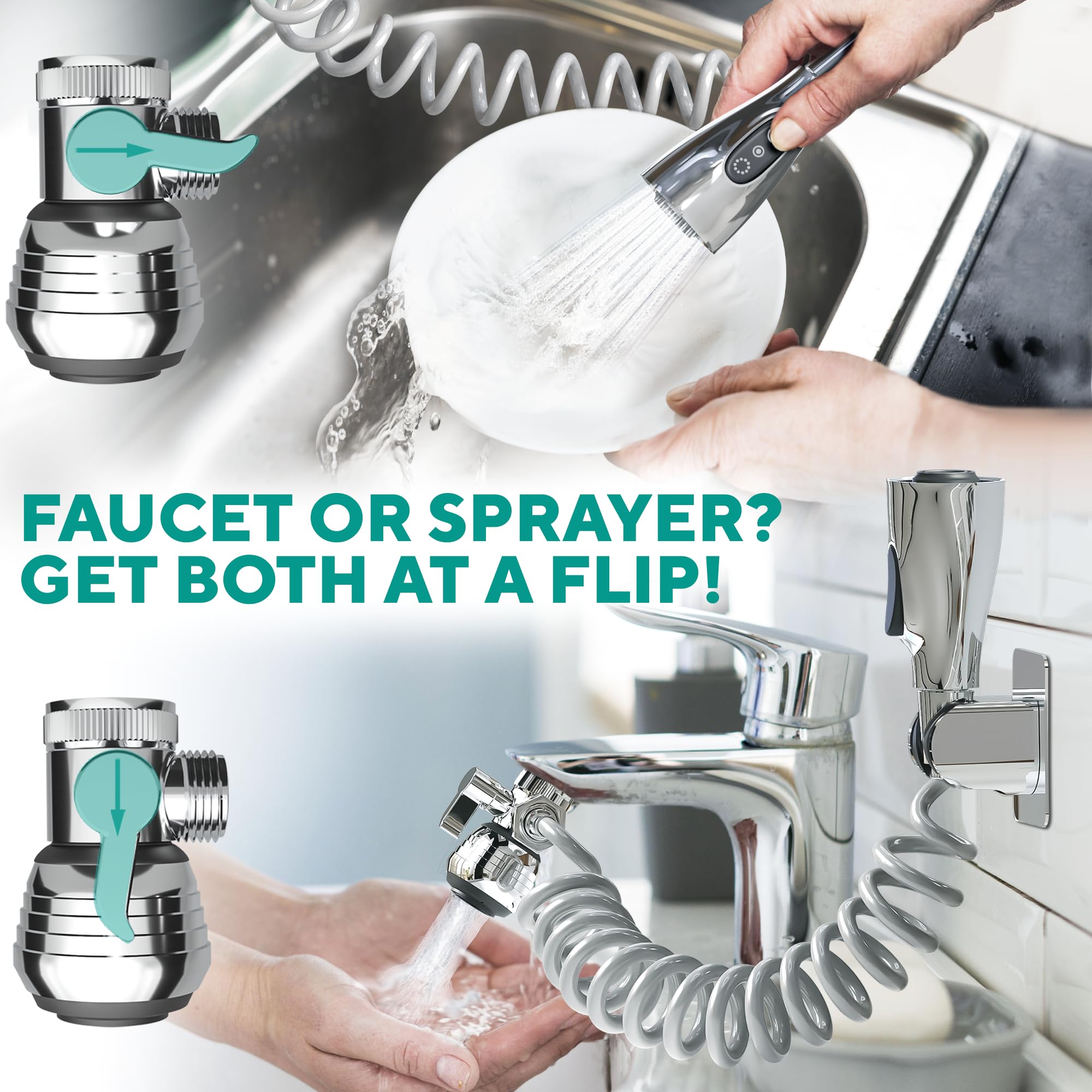 Heavy-Duty Faucet Sprayer Attachment - Leak-Proof Sink Hose Sprayer w/ 5 Adapters & Diverter Valve - 79β Recoil Hose with 2 Spray Modes - Ideal for Kitchen, Tub, Bathroom, Garden, Pets