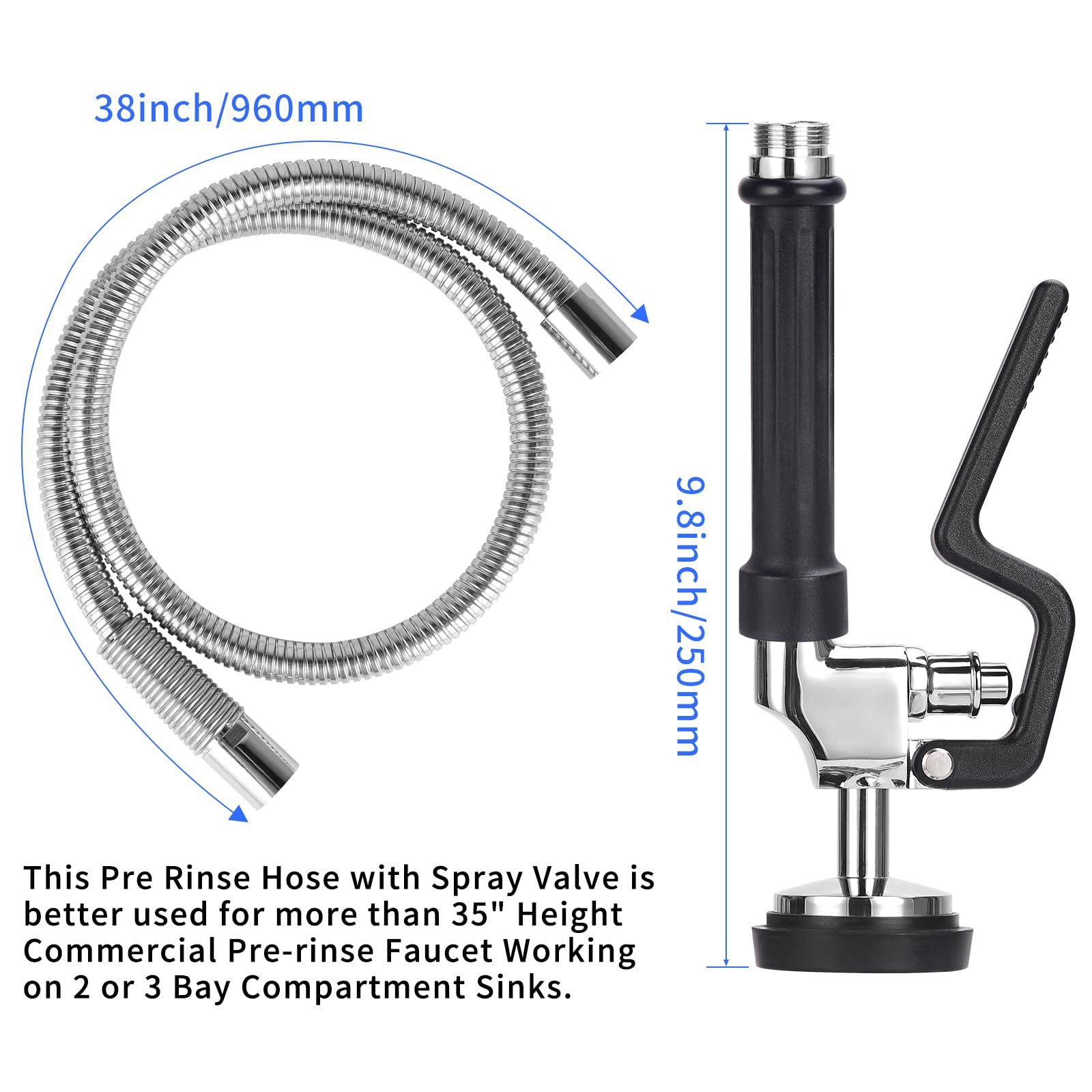 KWODE Spray Valve with Pre-rinse Hose, 38" Flexible Stainless Steel Hose with High Pressure Pre Rinse Spray Nozzle Sprayer Head Assembly Kit for Commercial Restaurant Industrial Kitchen Sink Faucet