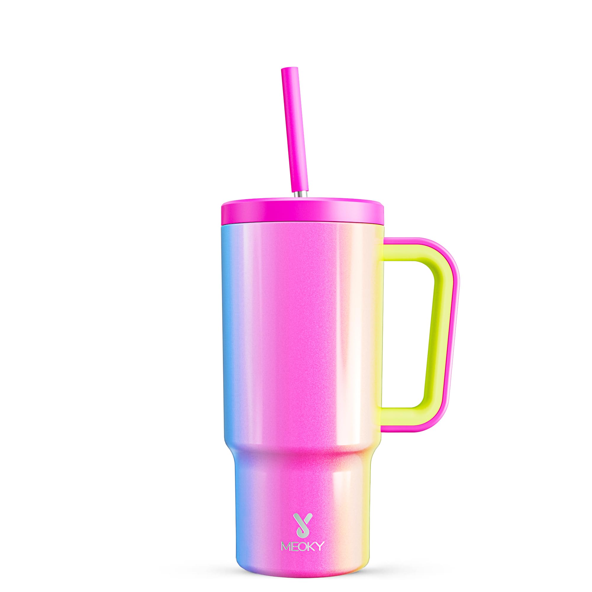 Meoky 24 oz Tumbler with Handle and Straw, 100% Leak-proof Tumbler with Lid and Straw, Insulated Stainless Steel Travel Coffee Mug, Keeps Cold for 24 Hours (Carnival)