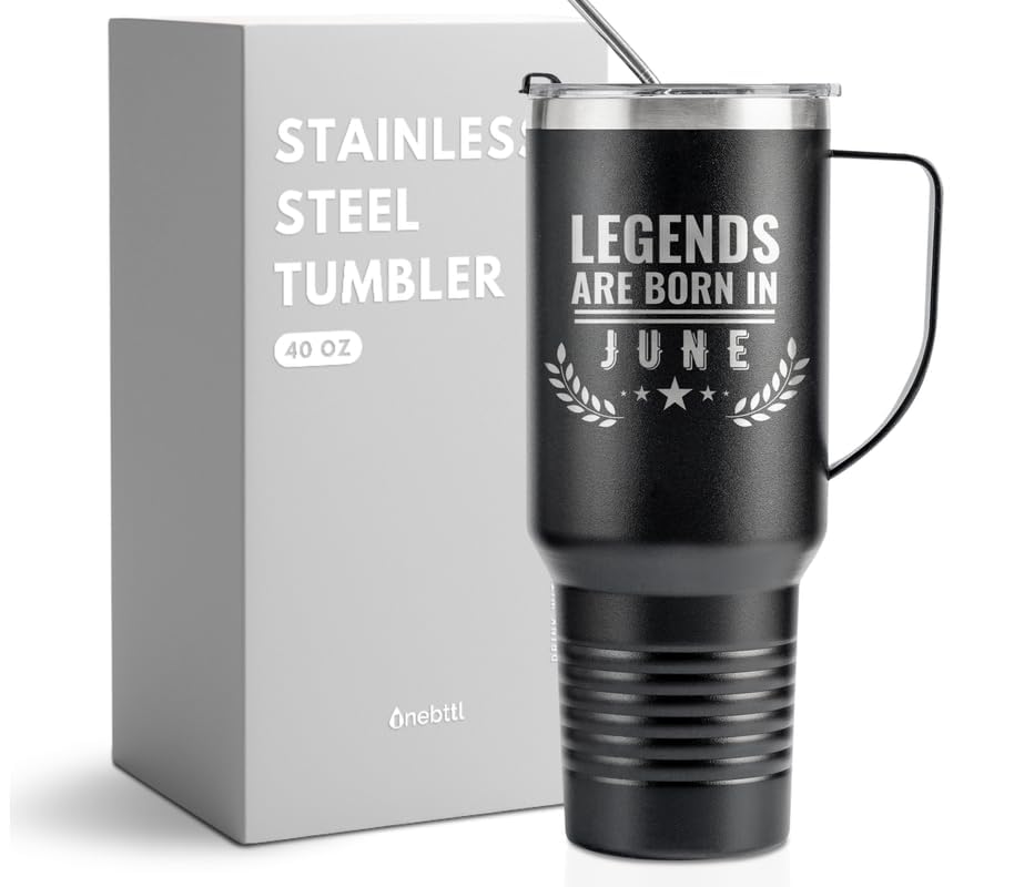 Onebttl Funny Birthday Gifts for Men, Him, 40 oz Tumbler with Handle, Black, Legends are Born in June