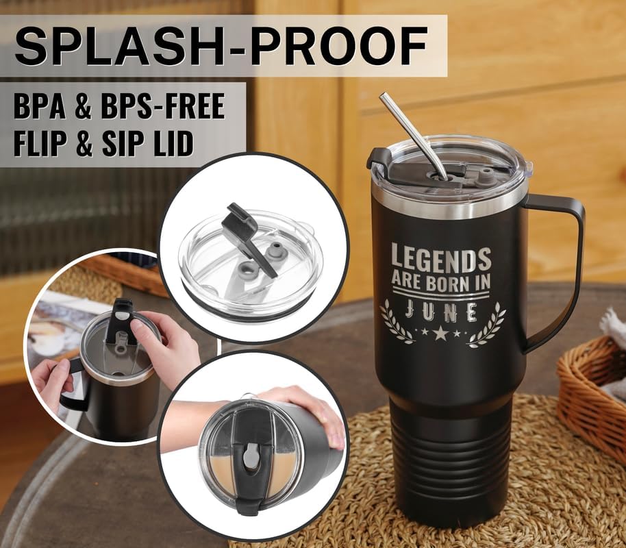 Onebttl Funny Birthday Gifts for Men, Him, 40 oz Tumbler with Handle, Black, Legends are Born in June