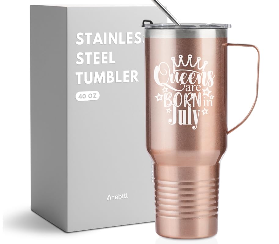 Onebttl Funny Birthday Gifts for Women, Her, Birthday Queen, 40 oz Tumbler with Handle, Rose Gold, Queens are Born in July