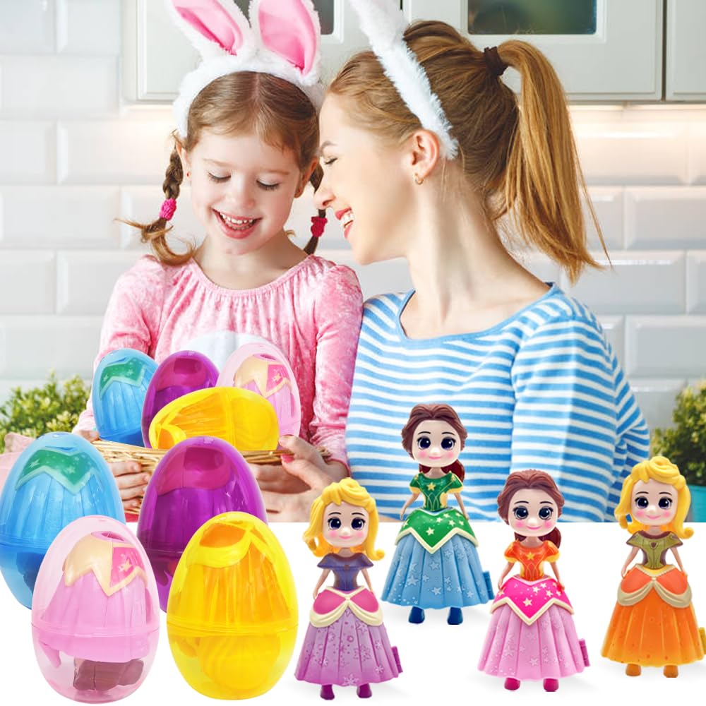 4Pack Easter Jumbo Princess Deformation Prefilled Easter Eggs with Toys, Easter Party Favors Gift for Girls Boys, Toddlers Kids Easter Basket Stuffers Fillers, Classroom Prize Supplies (Princess)