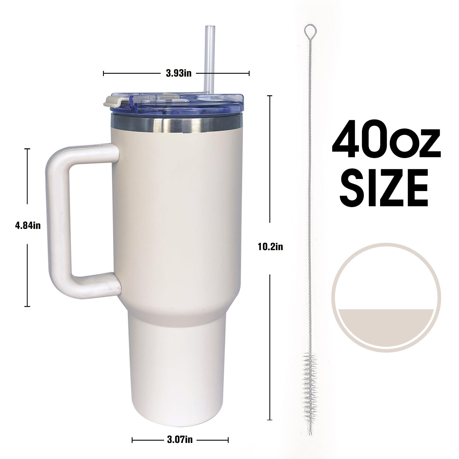 40 oz Tumbler with Handle and Straw Lid,Insulated Reusable Stainless Steel Water Bottle Travel Mug,Cupholder Friendly Double Wall Vacuum Sealed Cup Rice White