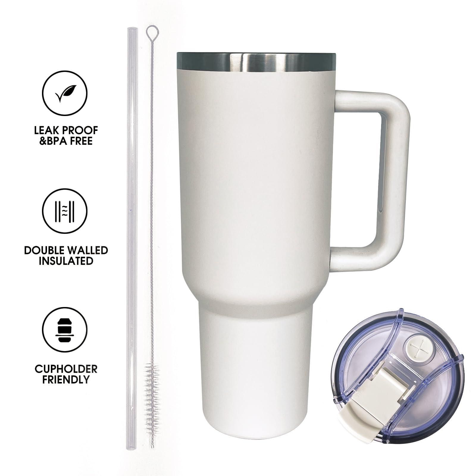 40 oz Tumbler with Handle and Straw Lid,Insulated Reusable Stainless Steel Water Bottle Travel Mug,Cupholder Friendly Double Wall Vacuum Sealed Cup Rice White