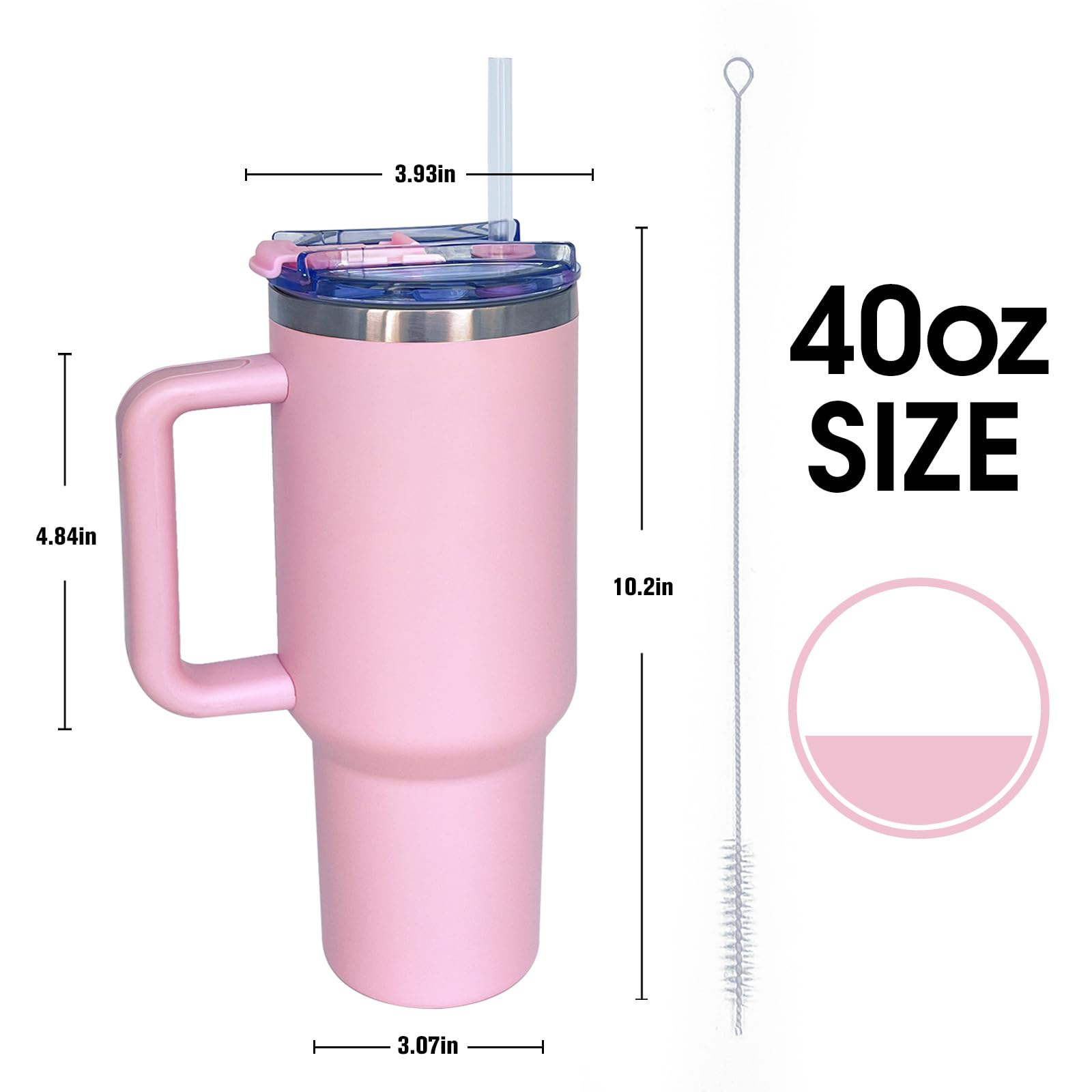 Yerivei 40 oz Tumbler with Handle and Straw Lid,Insulated Reusable Stainless Steel Water Bottle Travel Mug,Cupholder Friendly Double Wall Vacuum Sealed Cup (Pink)