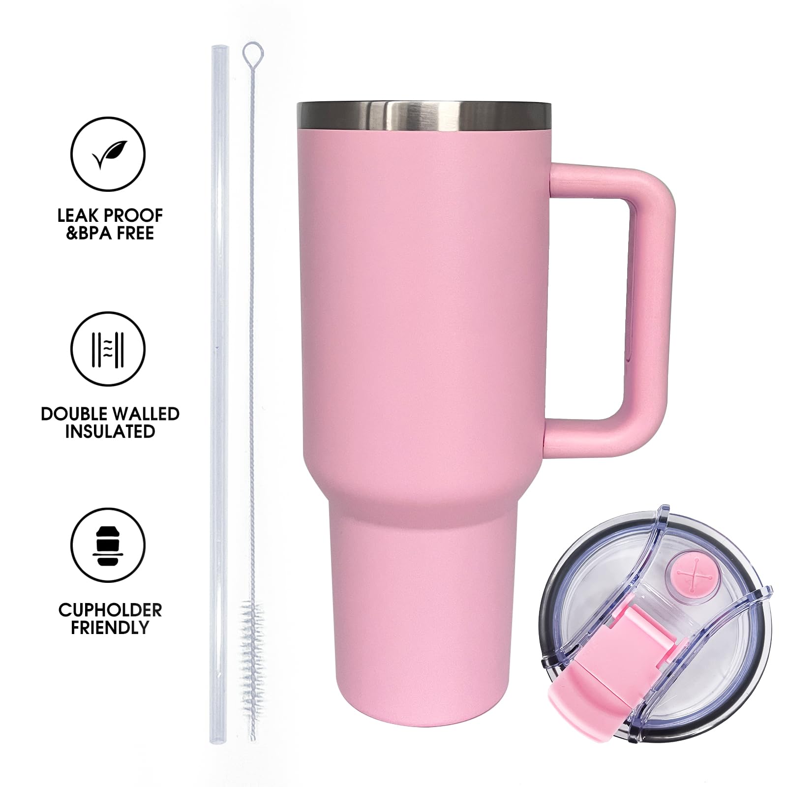 Yerivei 40 oz Tumbler with Handle and Straw Lid,Insulated Reusable Stainless Steel Water Bottle Travel Mug,Cupholder Friendly Double Wall Vacuum Sealed Cup (Pink)