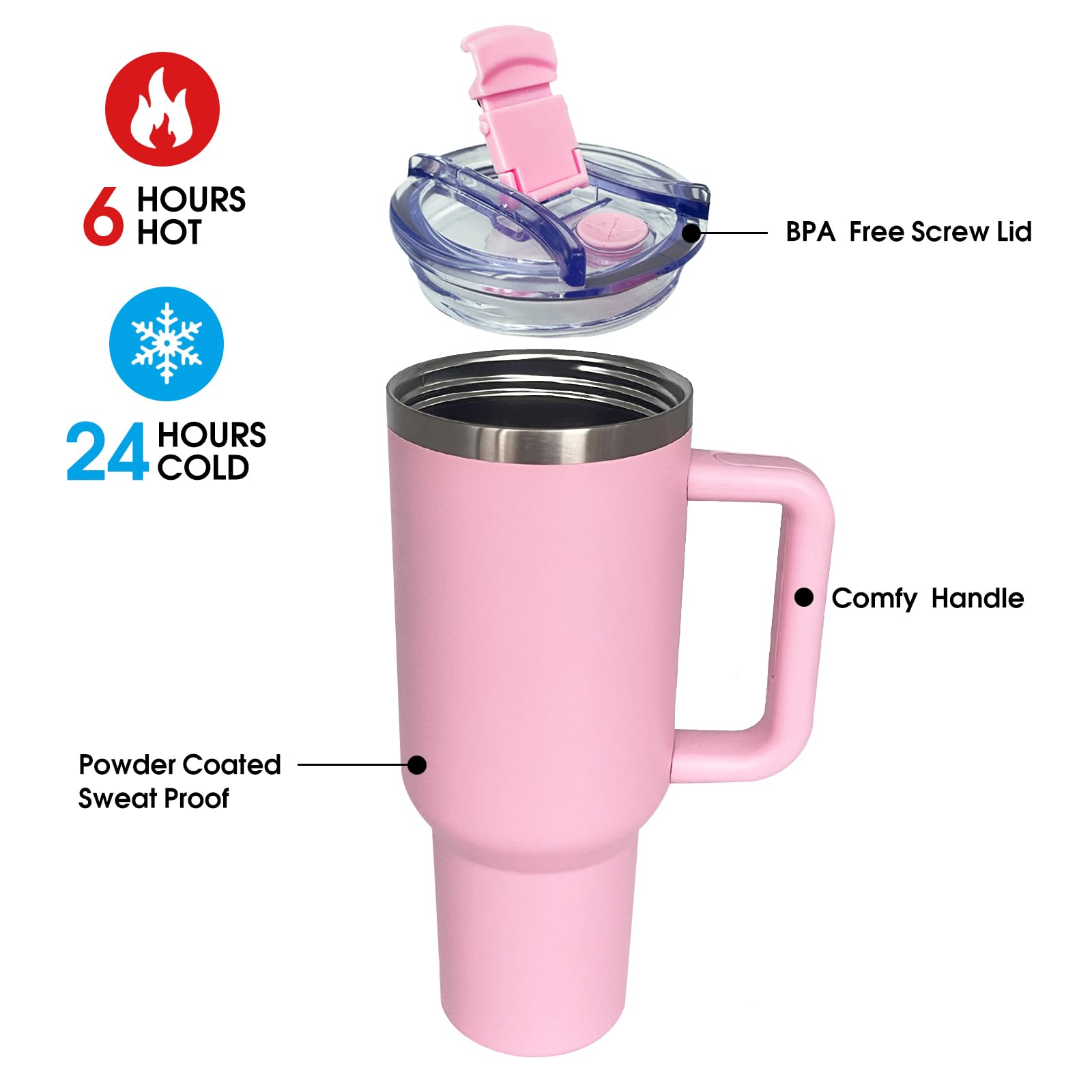 Yerivei 40 oz Tumbler with Handle and Straw Lid,Insulated Reusable Stainless Steel Water Bottle Travel Mug,Cupholder Friendly Double Wall Vacuum Sealed Cup (Pink)