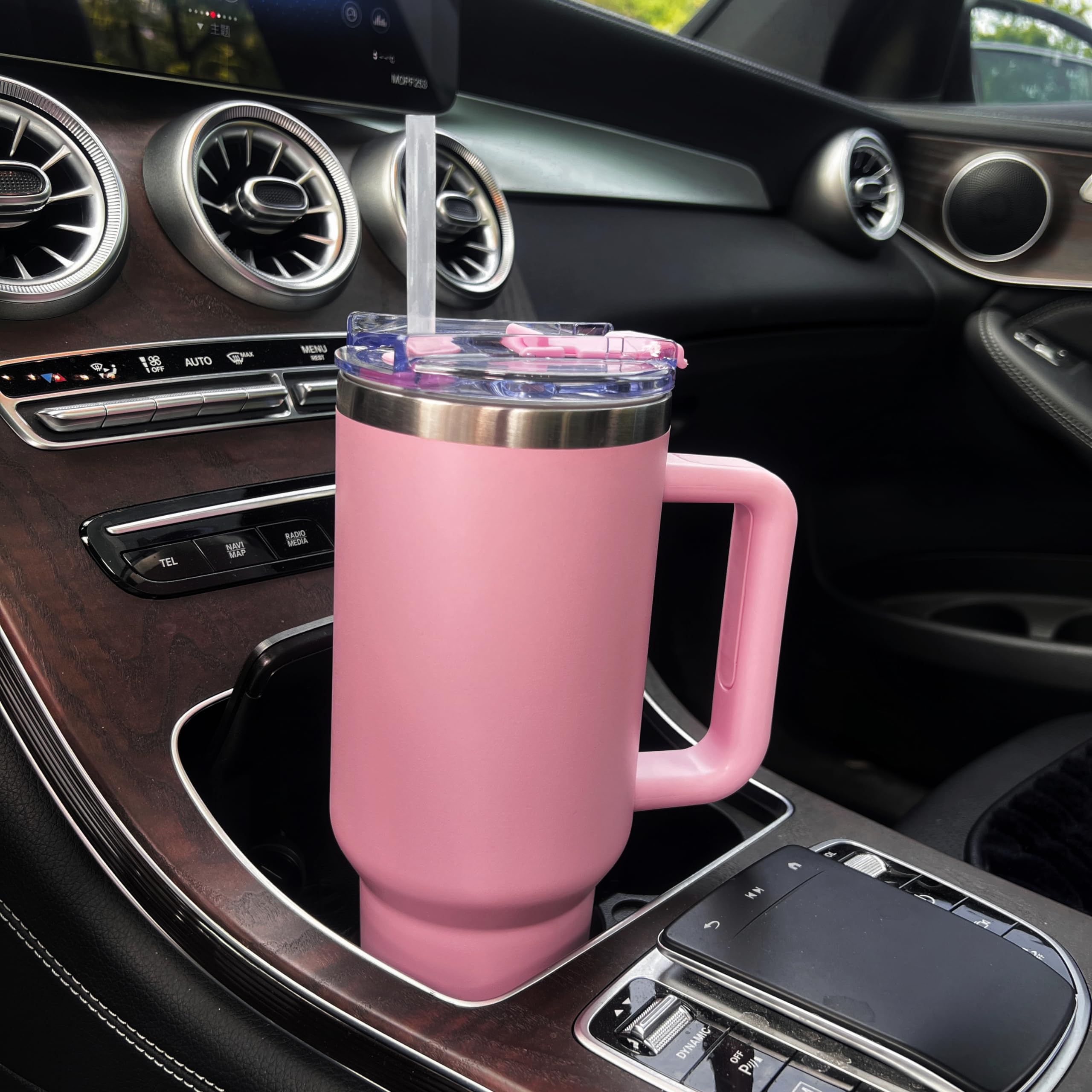 Yerivei 40 oz Tumbler with Handle and Straw Lid,Insulated Reusable Stainless Steel Water Bottle Travel Mug,Cupholder Friendly Double Wall Vacuum Sealed Cup (Pink)