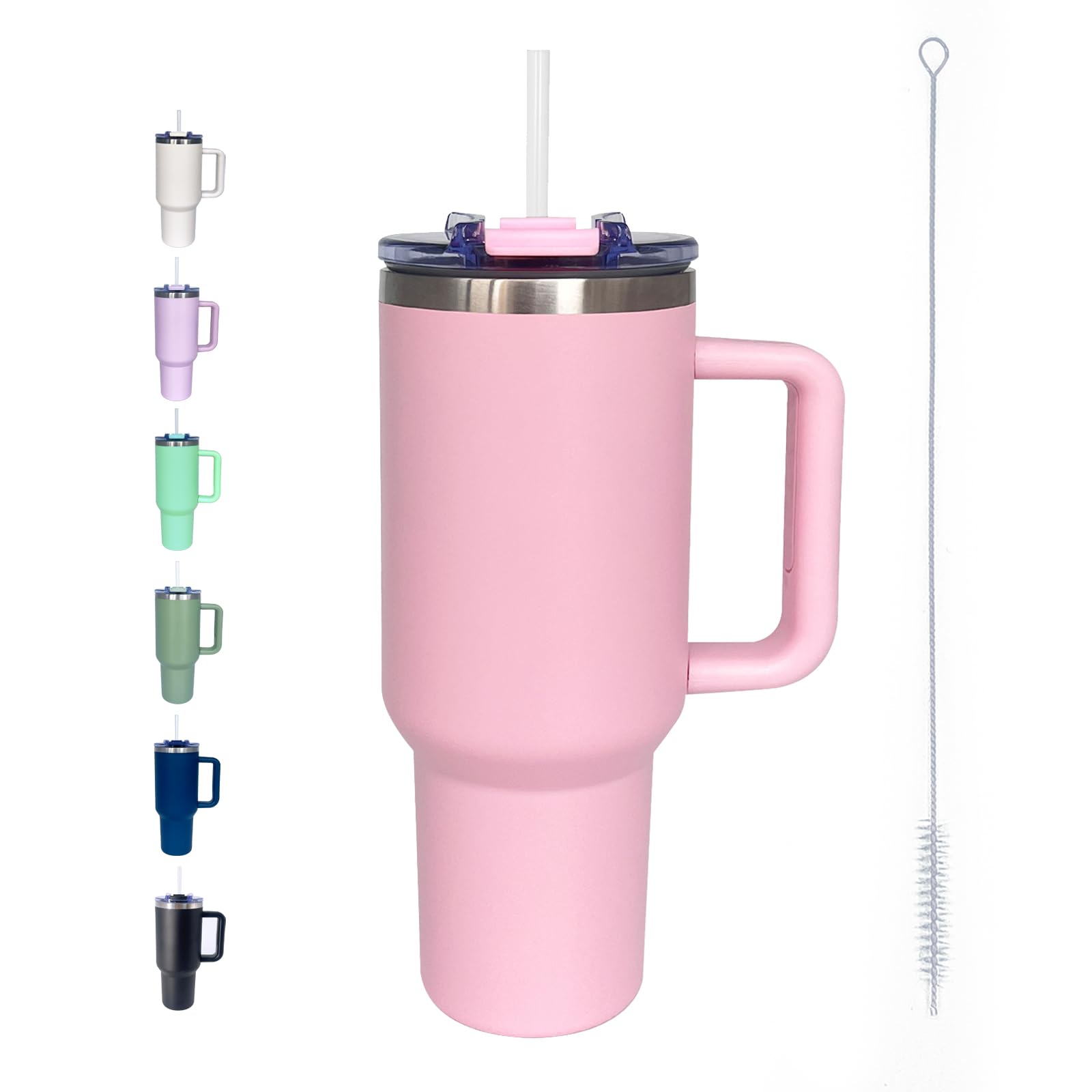 Yerivei 40 oz Tumbler with Handle and Straw Lid,Insulated Reusable Stainless Steel Water Bottle Travel Mug,Cupholder Friendly Double Wall Vacuum Sealed Cup (Pink)