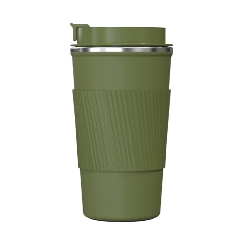 OUTDOORS PROFESSIONAL OUTD9454 Stainless Steel Double-Walled Vacuum-Insulated Coffee Cup with Spillproof Lid (17.2 Oz.; Olive Green)
