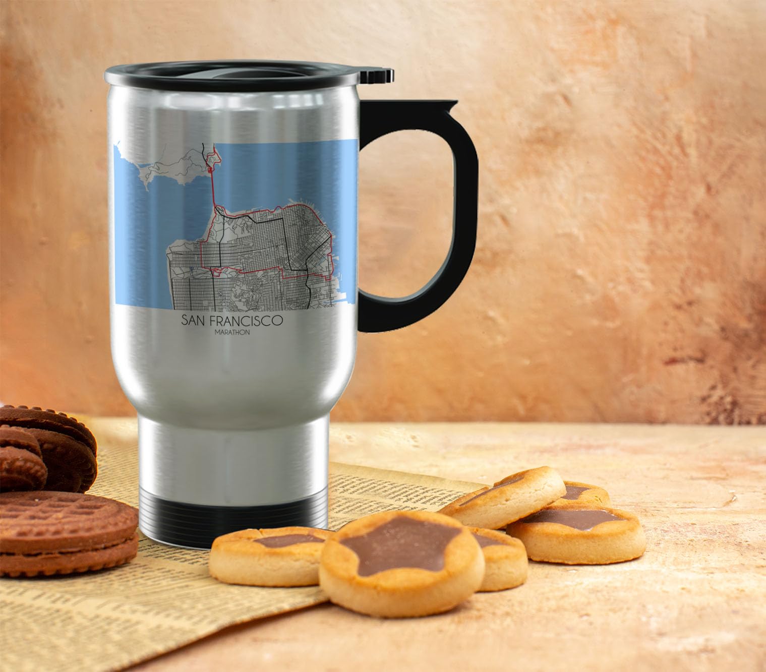 San Francisco Marathon Course Route San Francisco Gifts and Souvenirs - Unique Drinkware - San Francisco Marathon Course Route Race Memento - 14oz Travel Mug Steel
