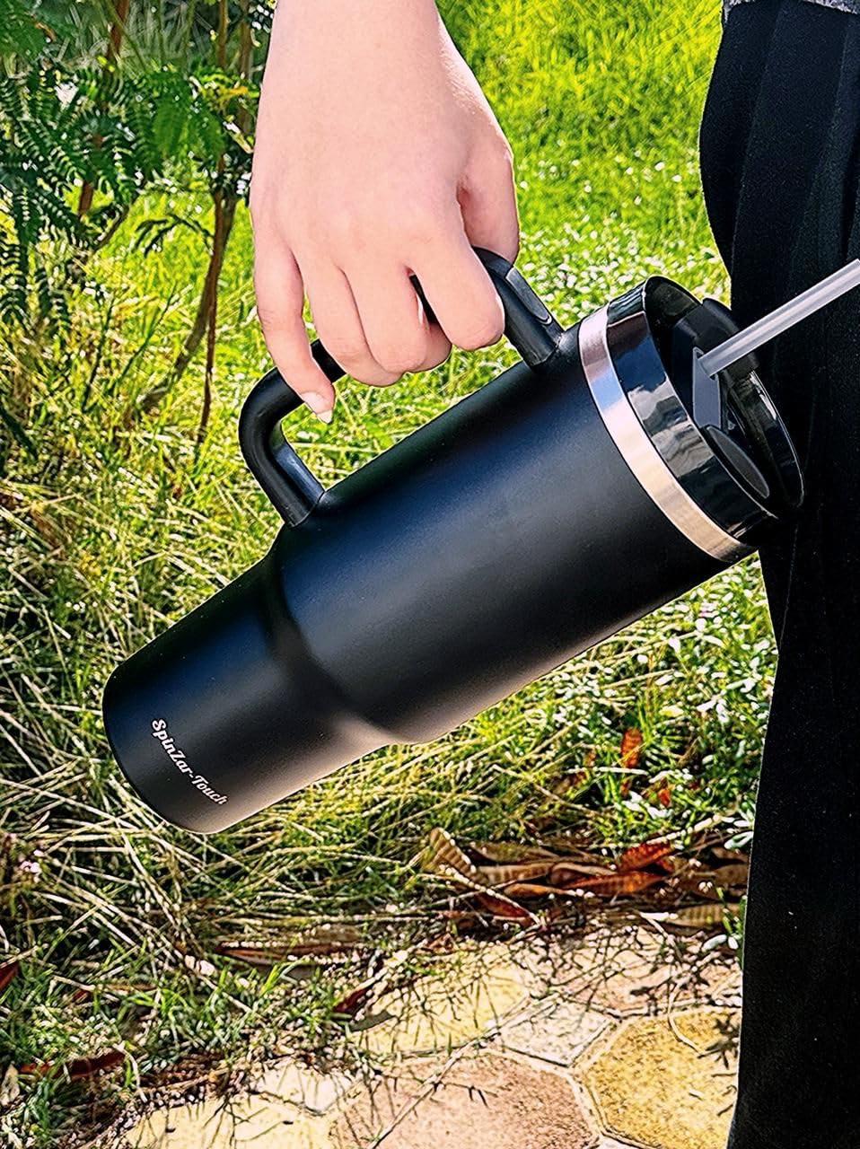 40 oz Tumbler with Handle and Straw, Black Insulated Travel Mug Iced Coffee Cup, Reusable Stainless Steel Insulated Water Bottle, Keeps Drinks Cold for 24 Hours, Dishwasher Safe, BPA Free, Large