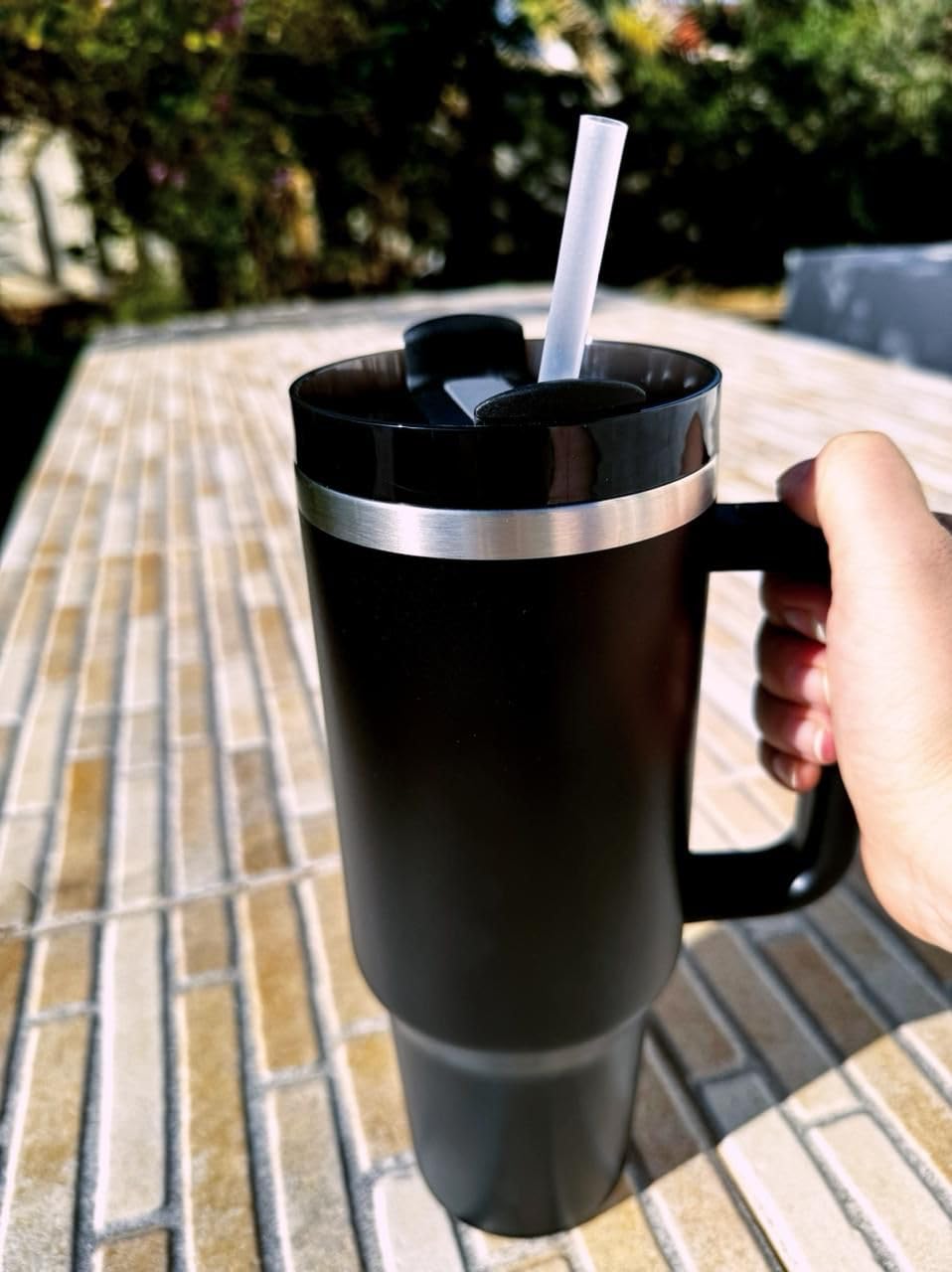 40 oz Tumbler with Handle and Straw, Black Insulated Travel Mug Iced Coffee Cup, Reusable Stainless Steel Insulated Water Bottle, Keeps Drinks Cold for 24 Hours, Dishwasher Safe, BPA Free, Large