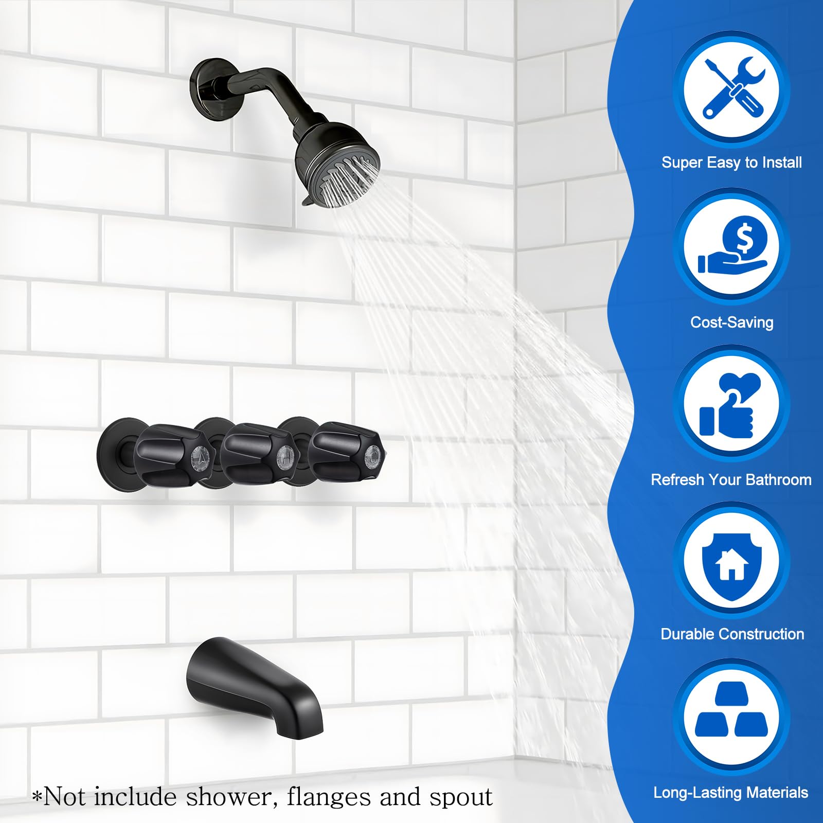 Dreyoo 3 Piece Shower Knob Replacement Compatible with Price/Pfister Verve Tub Shower, Bathtub Faucet Handle Remodel Trim Kit Include 1 Hot 1 Cold 1 Diverter and 3 Screws(Matte Black)