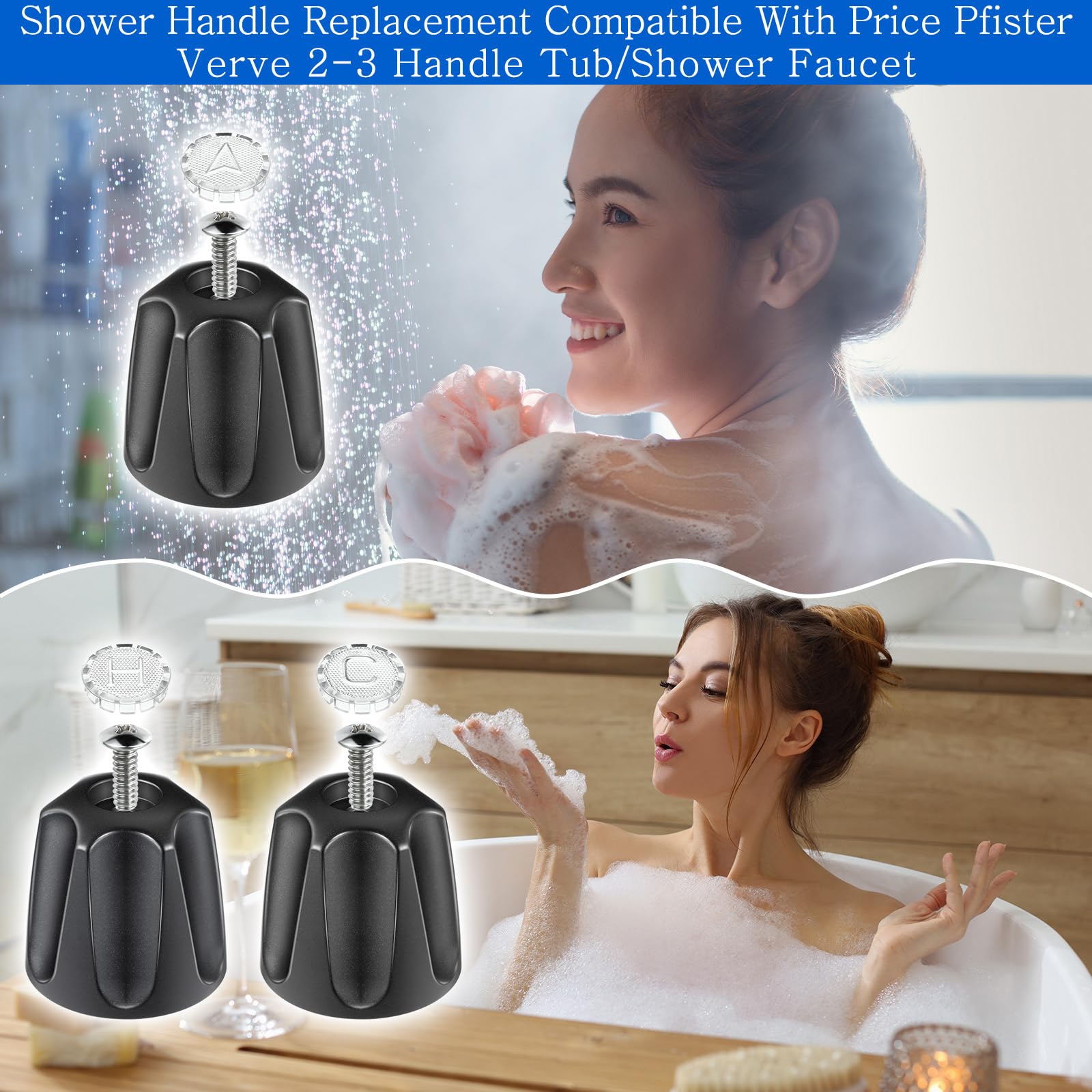 Dreyoo 3 Piece Shower Knob Replacement Compatible with Price/Pfister Verve Tub Shower, Bathtub Faucet Handle Remodel Trim Kit Include 1 Hot 1 Cold 1 Diverter and 3 Screws(Matte Black)