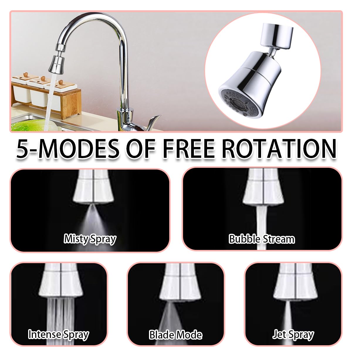 Faucet Extender Faucet Sprayer Attachment for Kitchen Sink, 5 Flow Mode Faucet Aerator 360° Swivel Anti-Splash Sink Sprayer Kitchen Faucet Head Replacement