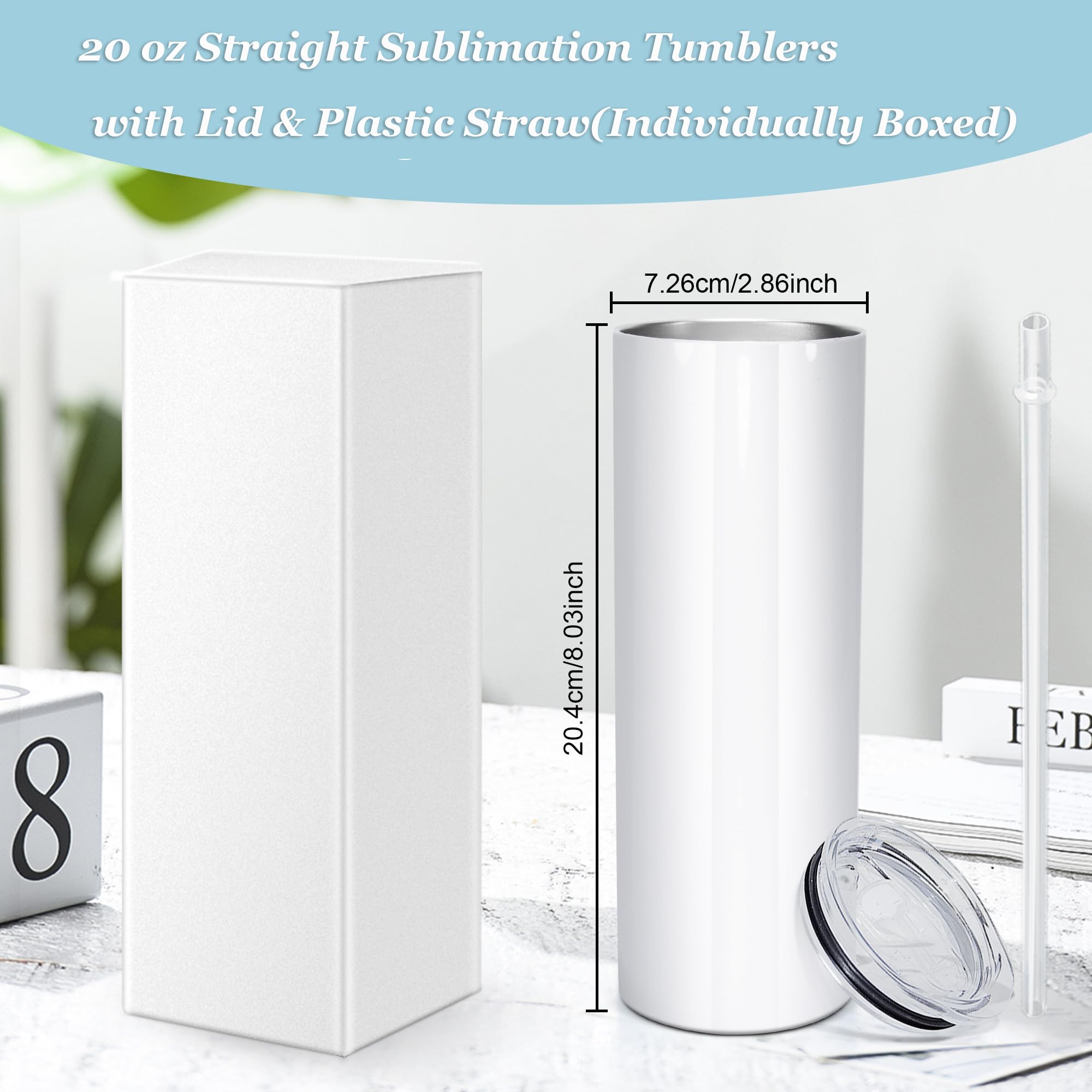 Icesip 25 Pack Straight Sublimation Tumblers Bulk 20oz Stainless Steel Double Wall Insulated Sublimation Cups Wholesale Blank White with Lid, Straw for Tumbler Press Machine