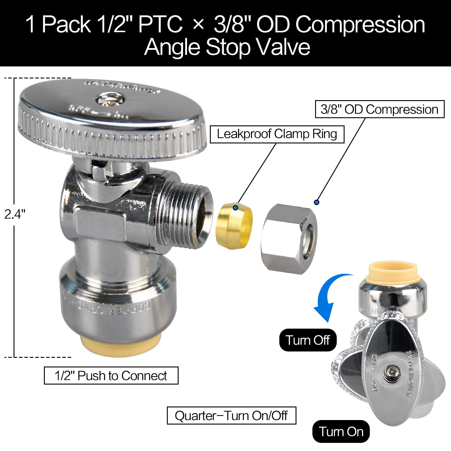 1/2/5/10/20pcs Stop Valves, 1/2" × 3/8" Angle Stop Valve, 1/2" PTC Input, 3/8" OD Compression Output, Push to Connect, 1/4 Turn, Chrome Plated Brass for Faucet, Toilet Valves, No Lead (2pcs Angle)