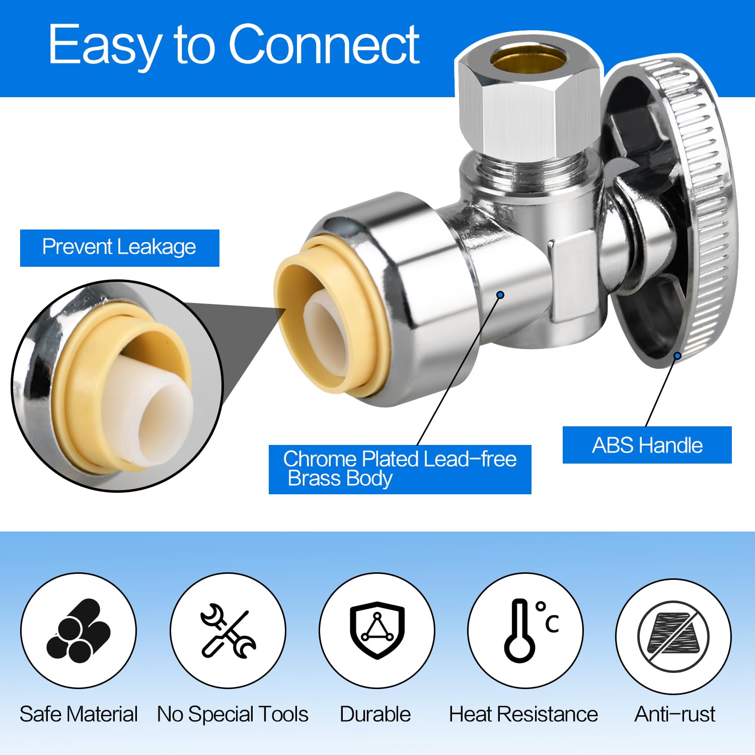1/2/5/10/20pcs Stop Valves, 1/2" × 3/8" Angle Stop Valve, 1/2" PTC Input, 3/8" OD Compression Output, Push to Connect, 1/4 Turn, Chrome Plated Brass for Faucet, Toilet Valves, No Lead (2pcs Angle)