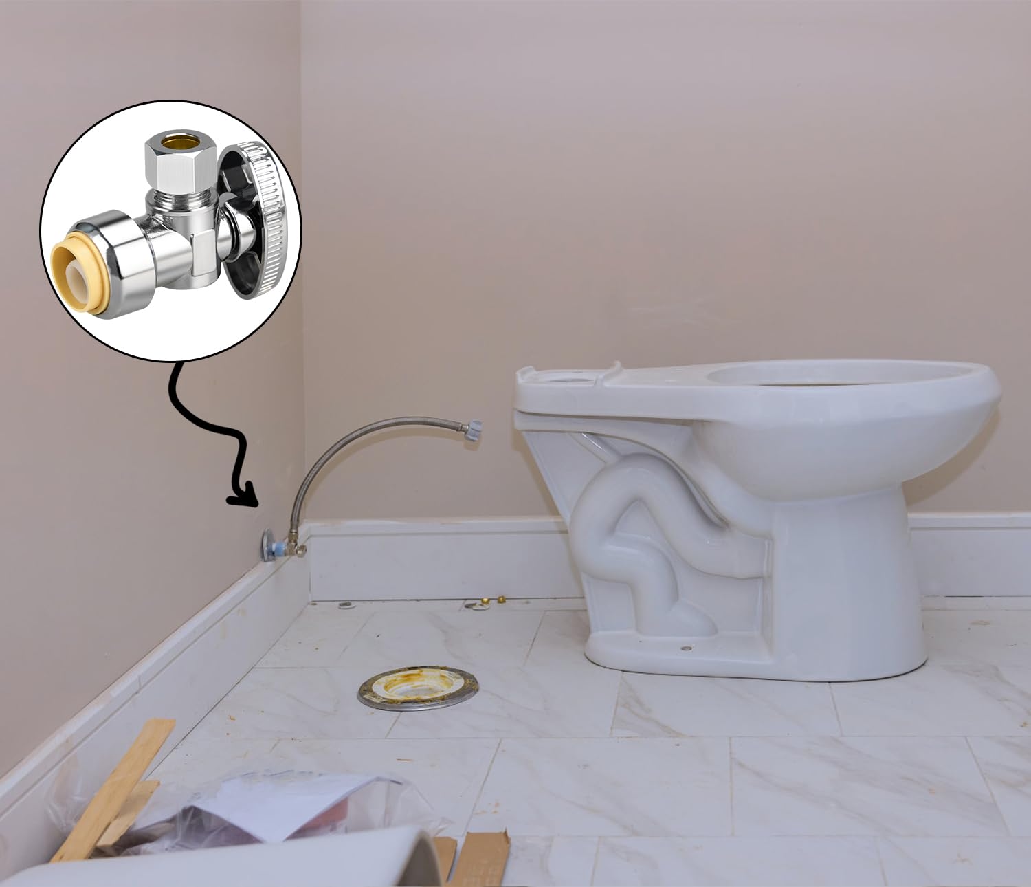 1/2/5/10/20pcs Stop Valves, 1/2" × 3/8" Angle Stop Valve, 1/2" PTC Input, 3/8" OD Compression Output, Push to Connect, 1/4 Turn, Chrome Plated Brass for Faucet, Toilet Valves, No Lead (2pcs Angle)
