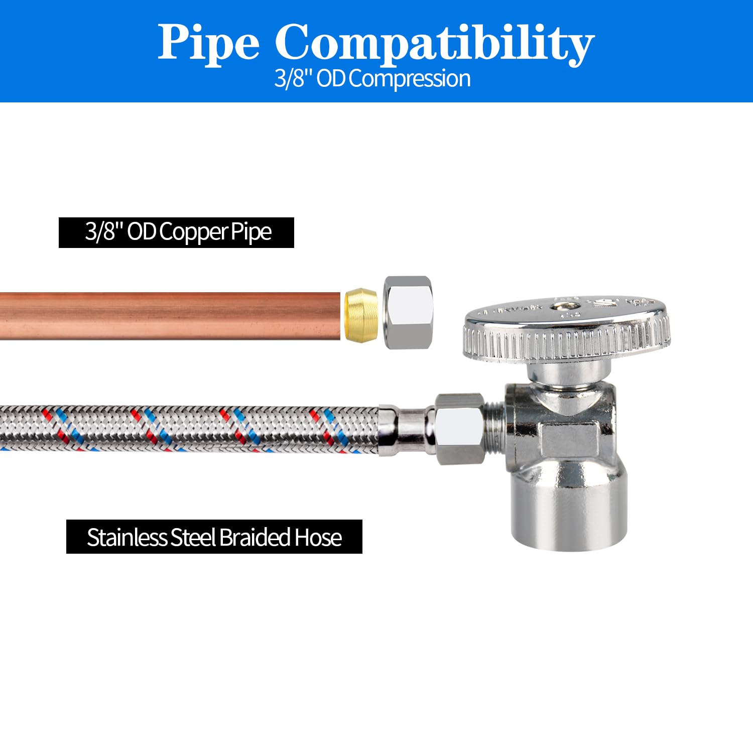 Stop Valves, 1/2" × 3/8" Angle Stop Valve, 1/2" FIP Angle Input, 3/8" OD Compression Output, 1/4 Turn, Chrome Plated Brass for Kitchen, Faucet, Toilet Valves